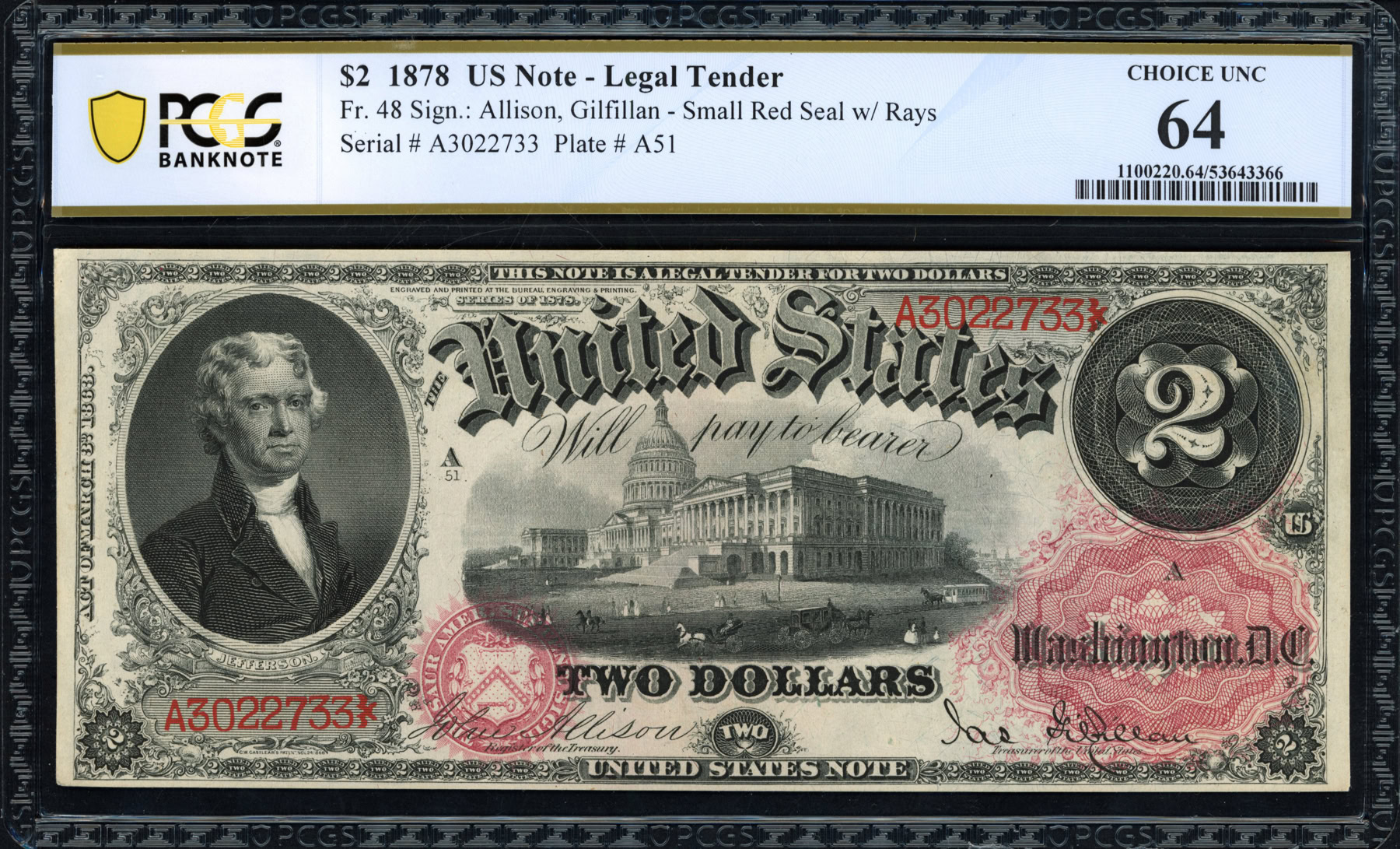 Fr. 48 1878 $2 Legal Tender Note Allison / Gilfillan PCGS Banknote ...