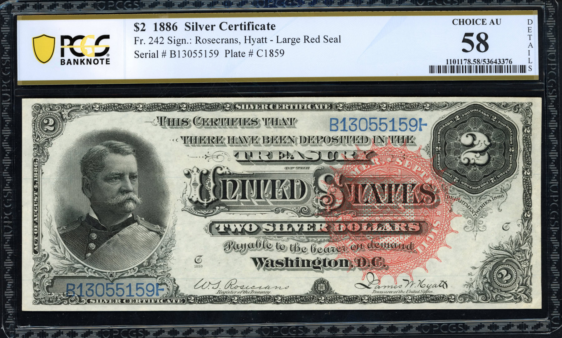 Fr. 242 1886 $2 Silver Certificate Note Rosecrans / Hyatt PCGS Banknote ...
