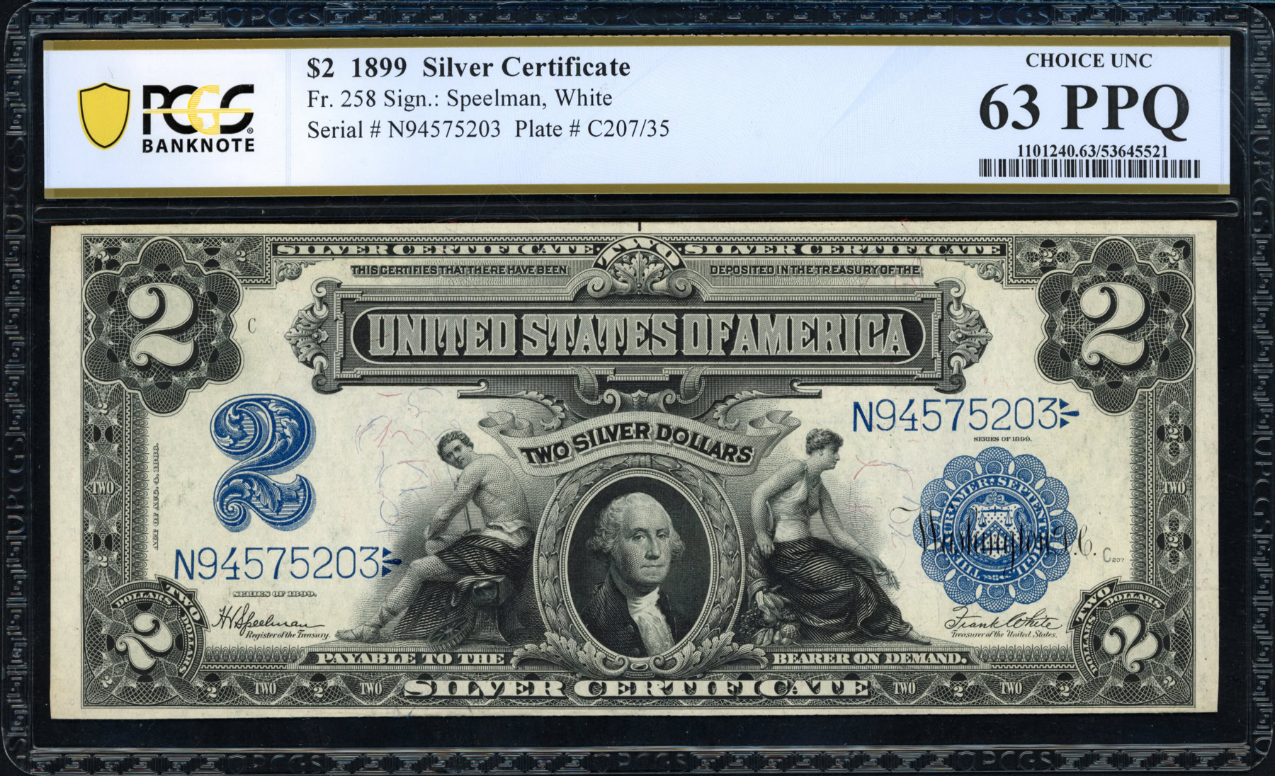 Fr. 258 1899 $2 Silver Certificate Note Speelman / White PCGS Banknote ...