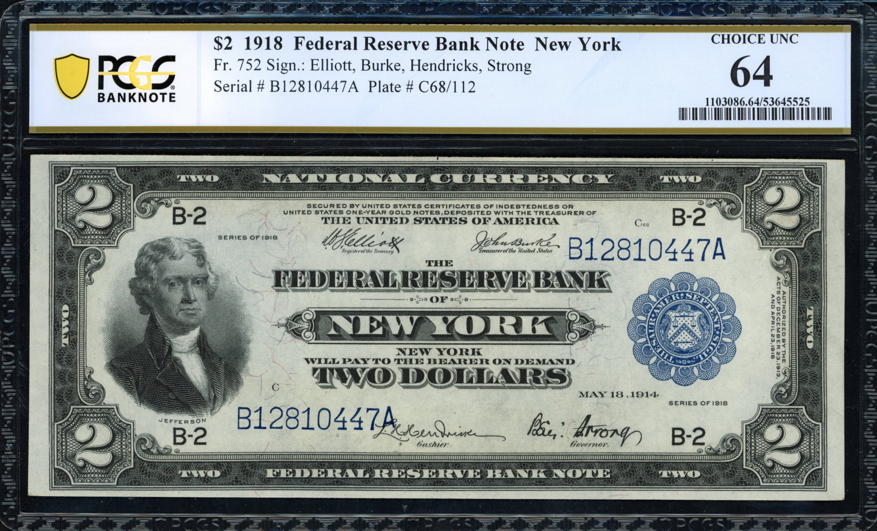 Fr. 752 1918 $2 New York Federal Reserve Bank Note Elliott / Burke ...