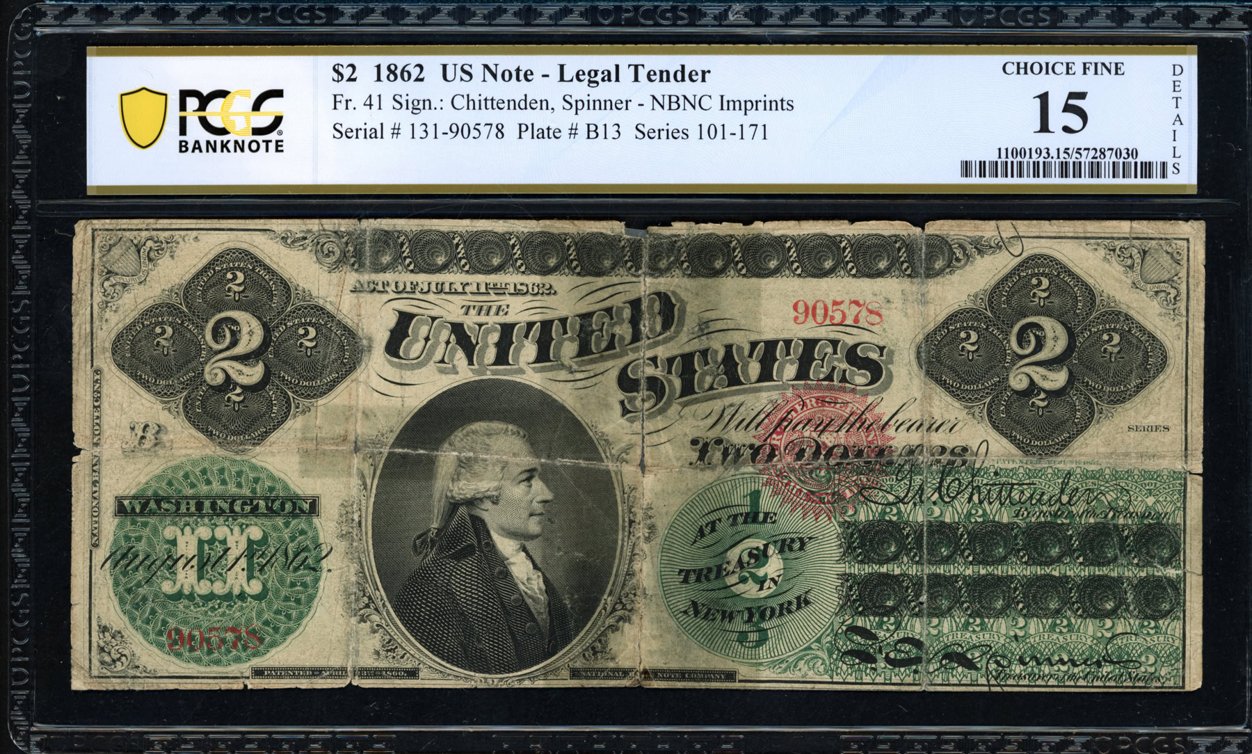 Fr. 41 1862 $2 Legal Tender Note Series 131 Chittenden / Spinner PCGS ...