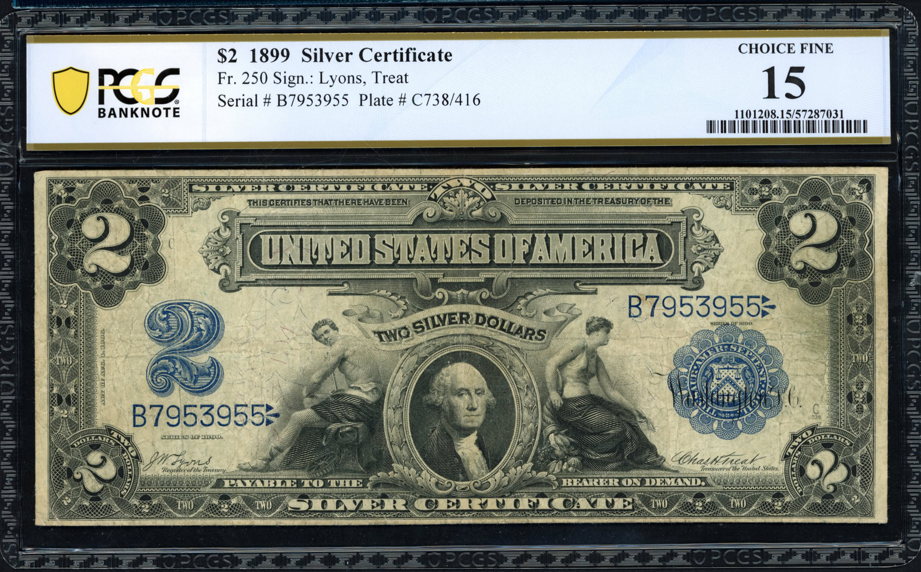 Fr. 250 1899 $2 Silver Certificate Note Lyons / Treat PCGS Banknote ...