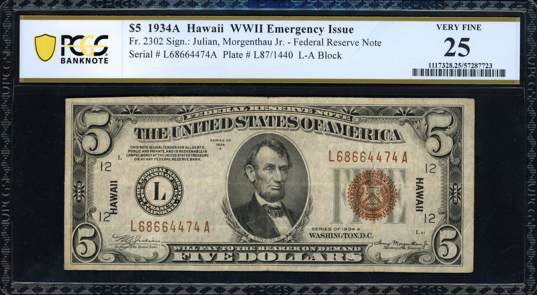 Fr. 2302 (LA Block) 1934A $5 Hawaii WWII Emergency Issue Note Julian ...