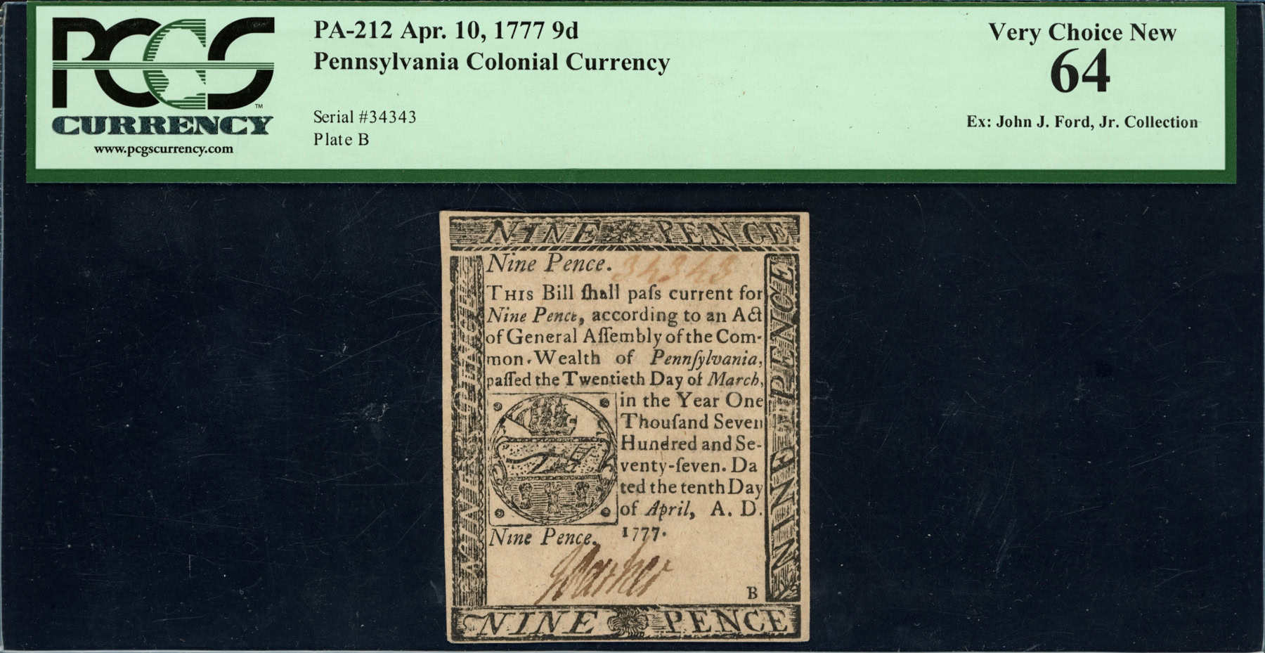 Fr. PA-212 April 10, 1777 9 Pence Pennsylvania Colonial Note *Radar ...