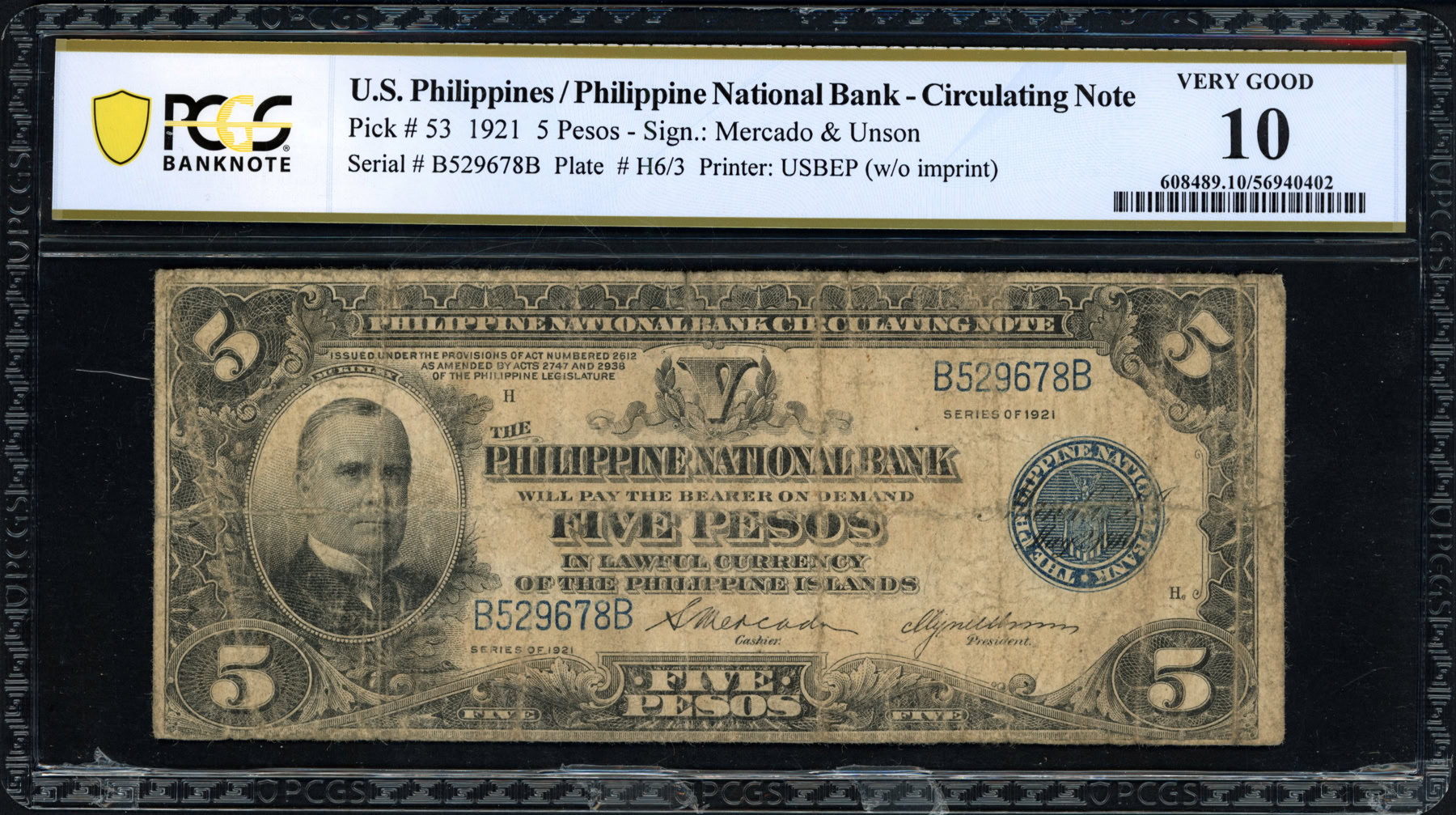 Philippines 1921 5 Pesos Philippine National Bank Note SCWPM-53 Mercado ...