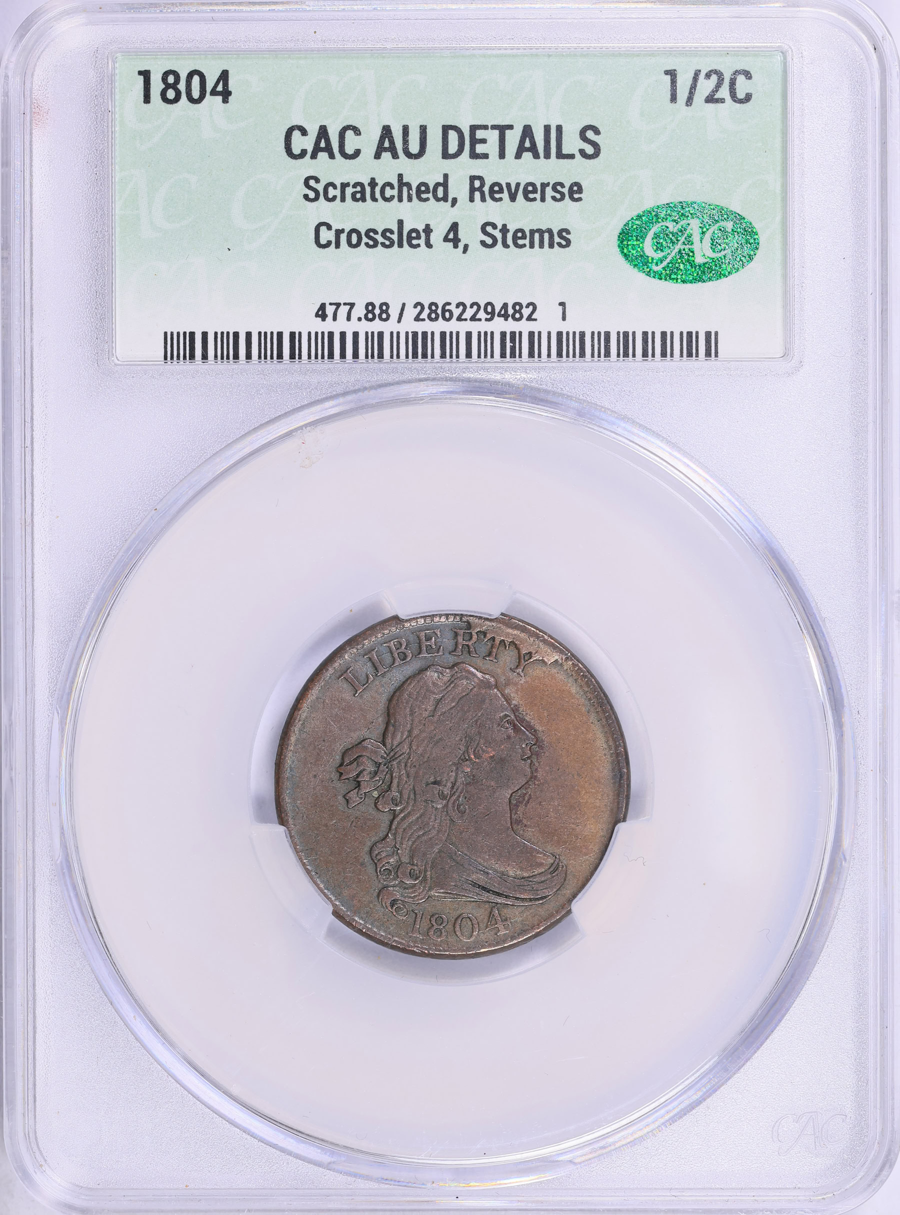 1804 Draped Bust Half Cent Crosslet 4, Stems CACG AU Details (Item ...