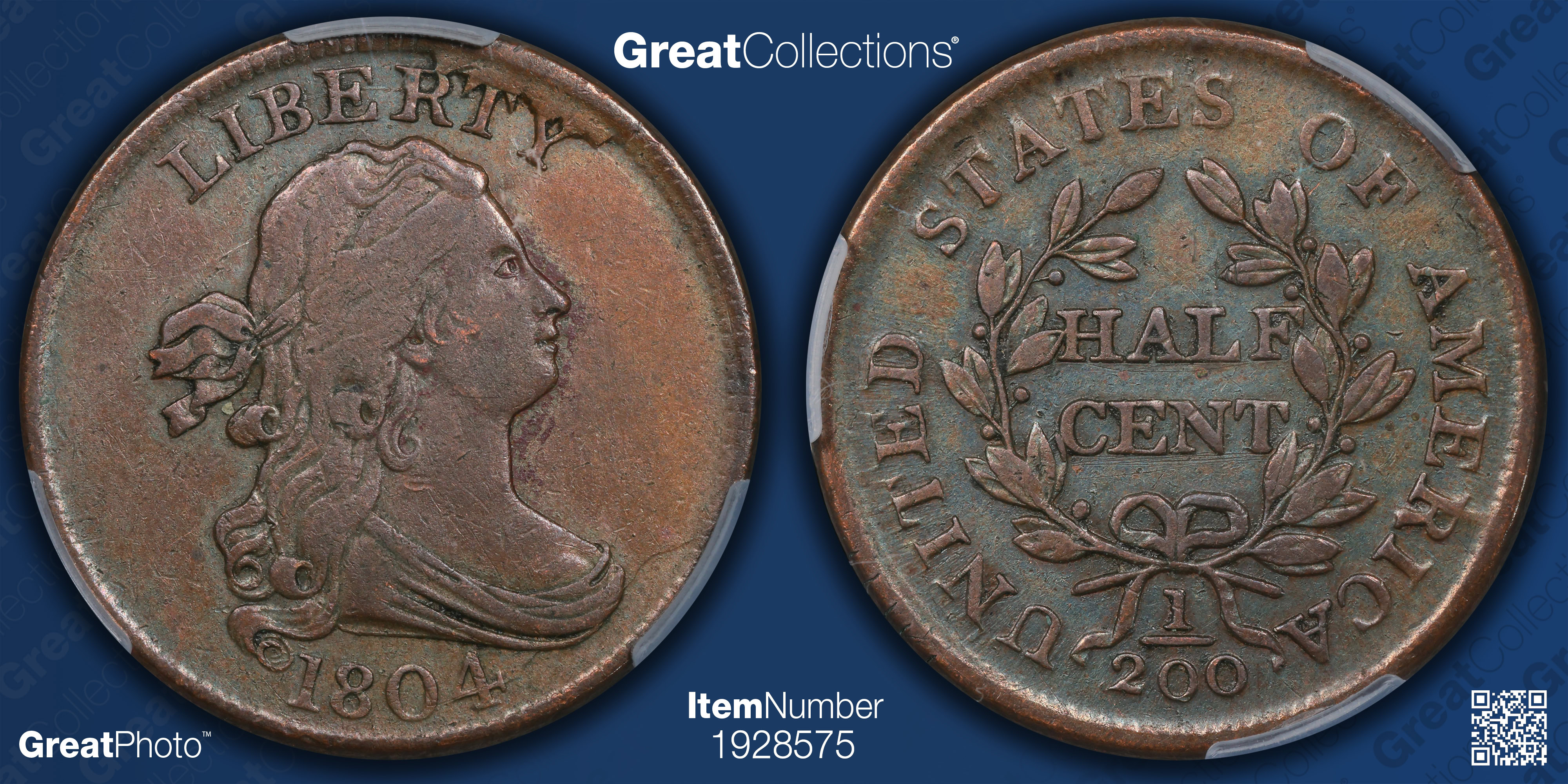 1804 Draped Bust Half Cent Crosslet 4, Stems CACG AU Details (Item ...
