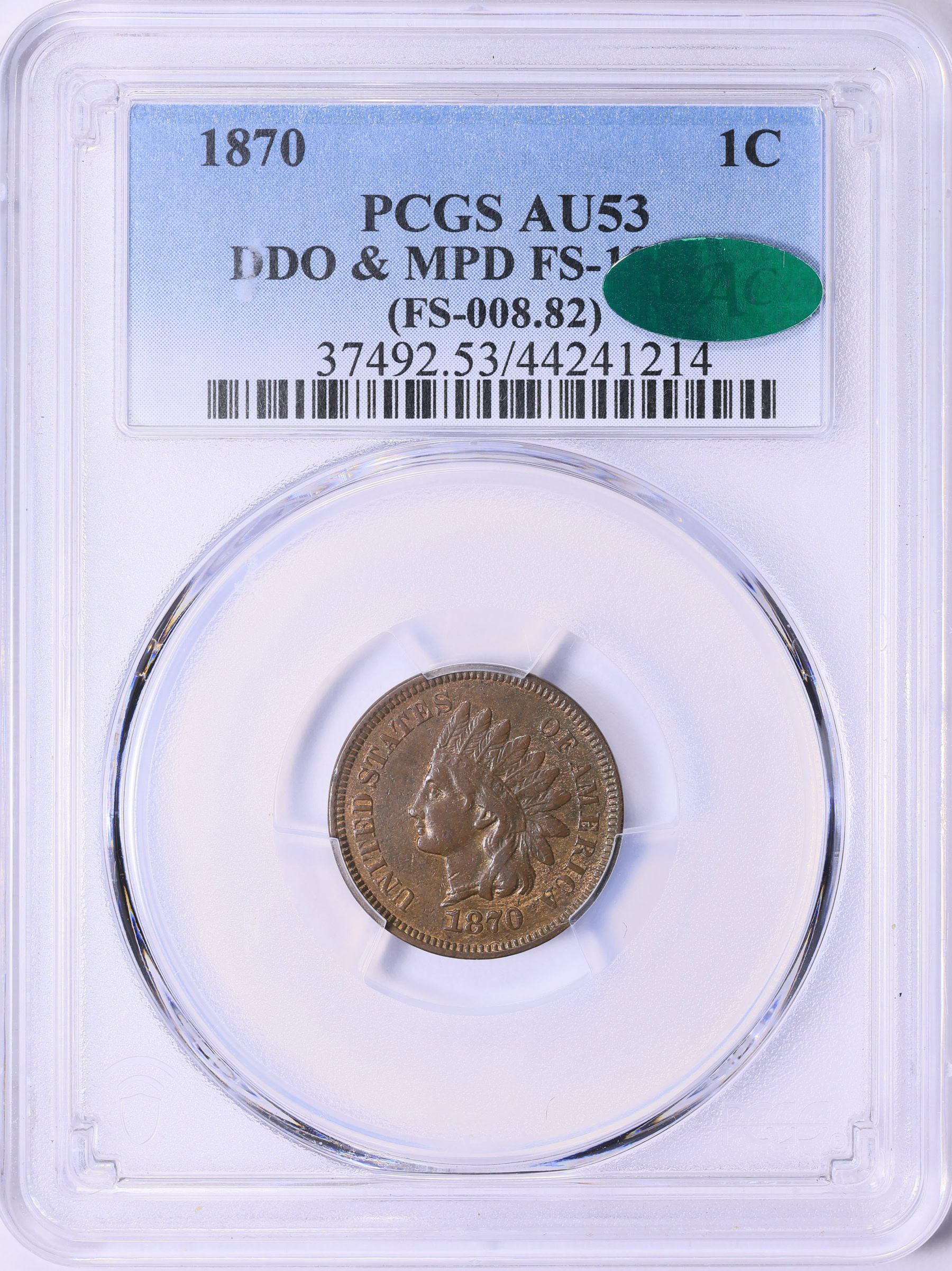 1870 Indian Cent DDO & MPD FS-102 S-5 (FS-008.82) PCGS AU-53 BN (CAC ...