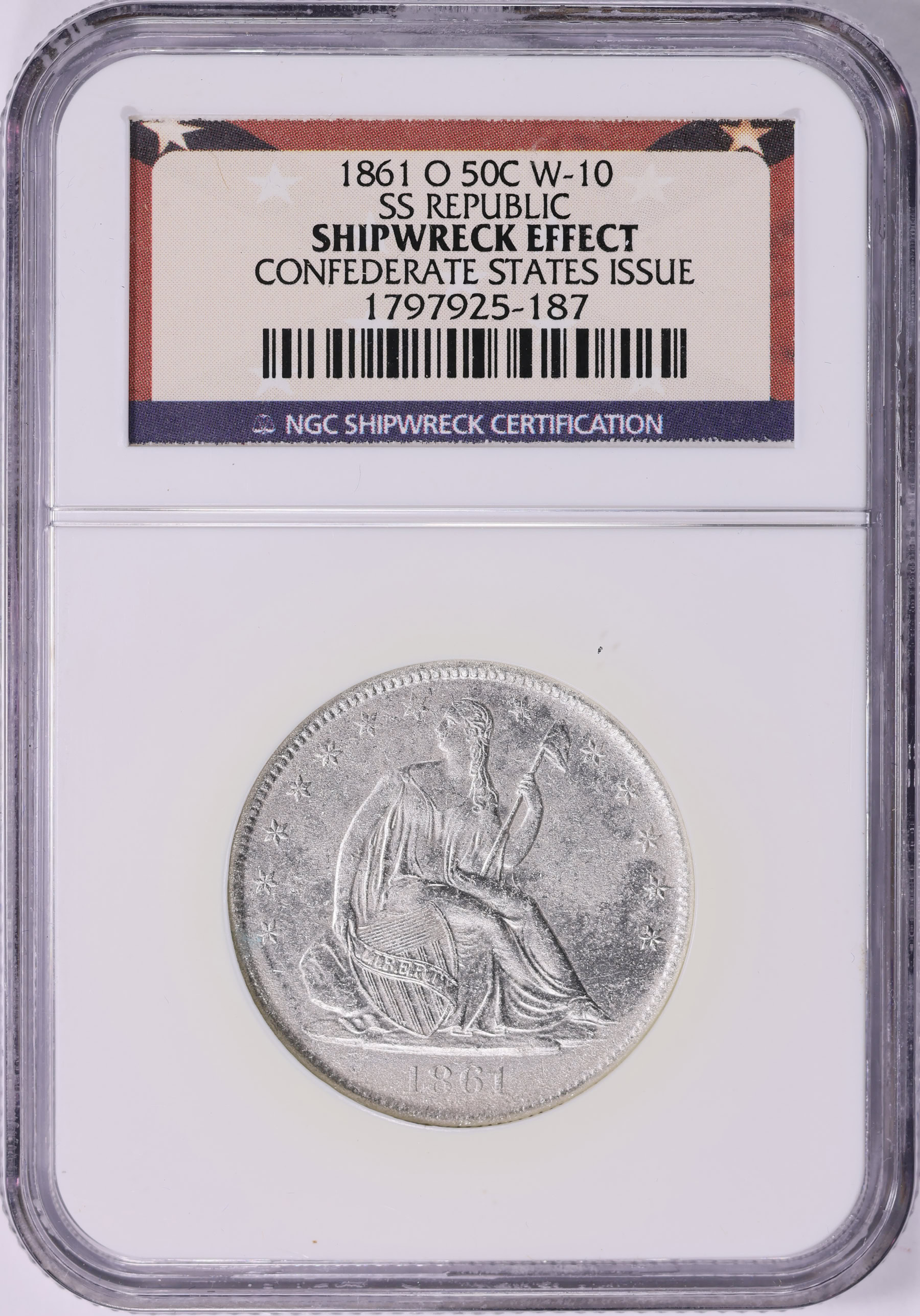 1861-O Seated Liberty Half Dollar CSA Obverse W-10 SS Republic Shipwreck Effect NGC Certified ...