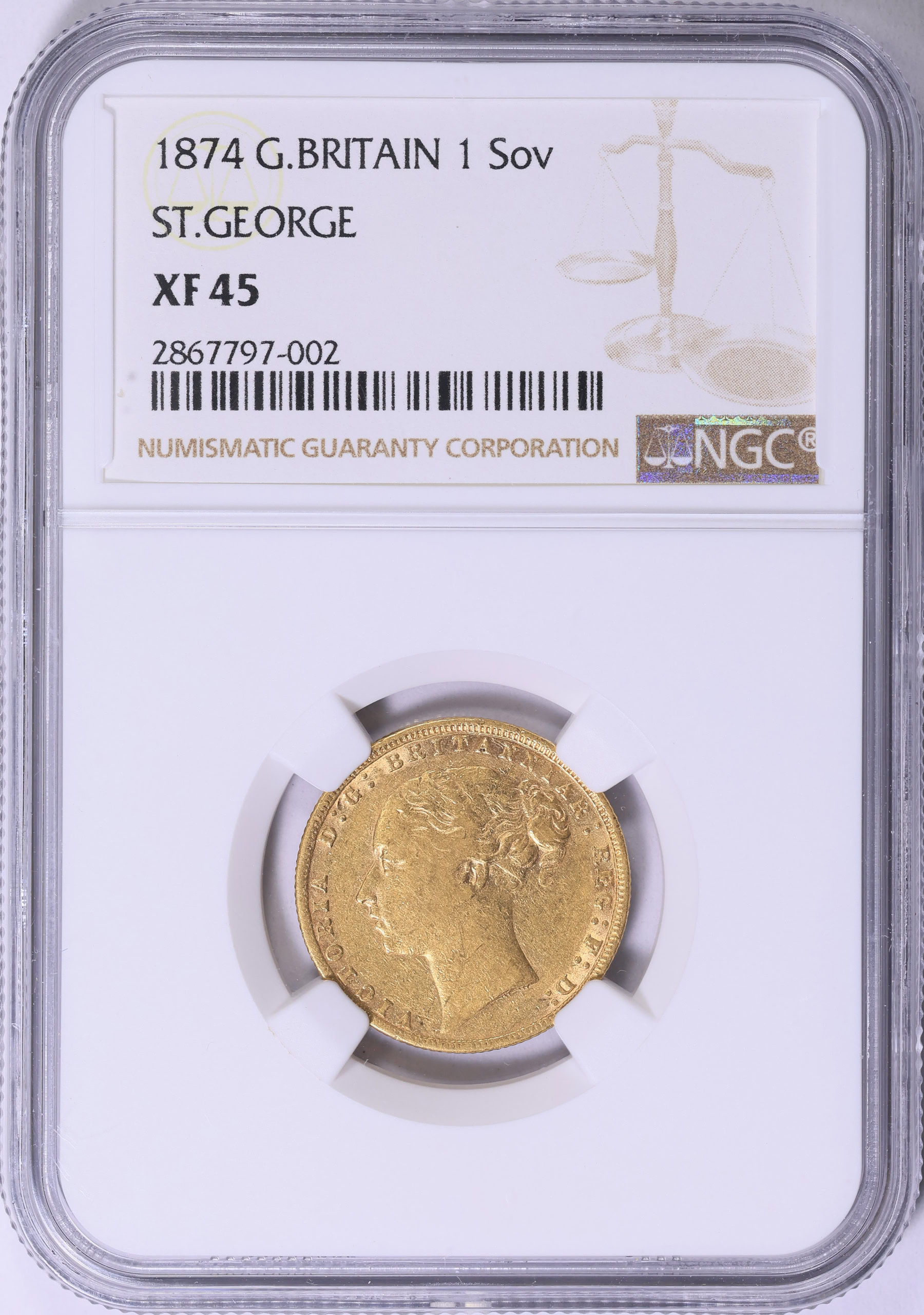 Great Britain 1874 Gold Sovereign St. George KM-752 NGC XF-45 (AGW = 0. ...