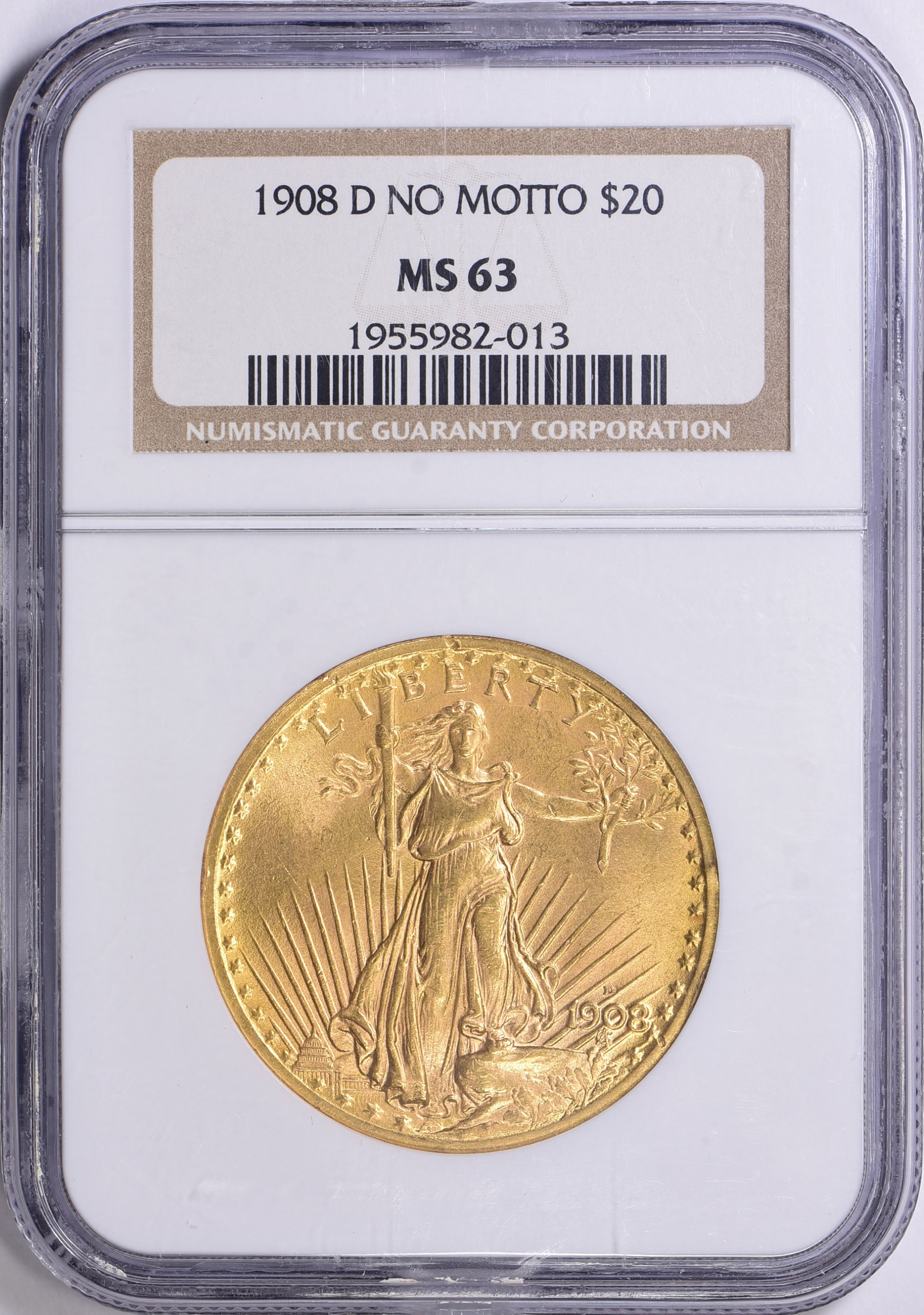 1908-D Saint-Gaudens Gold Double Eagle No Motto NGC MS-63 (Item 1929428) | GreatCollections Coin ...