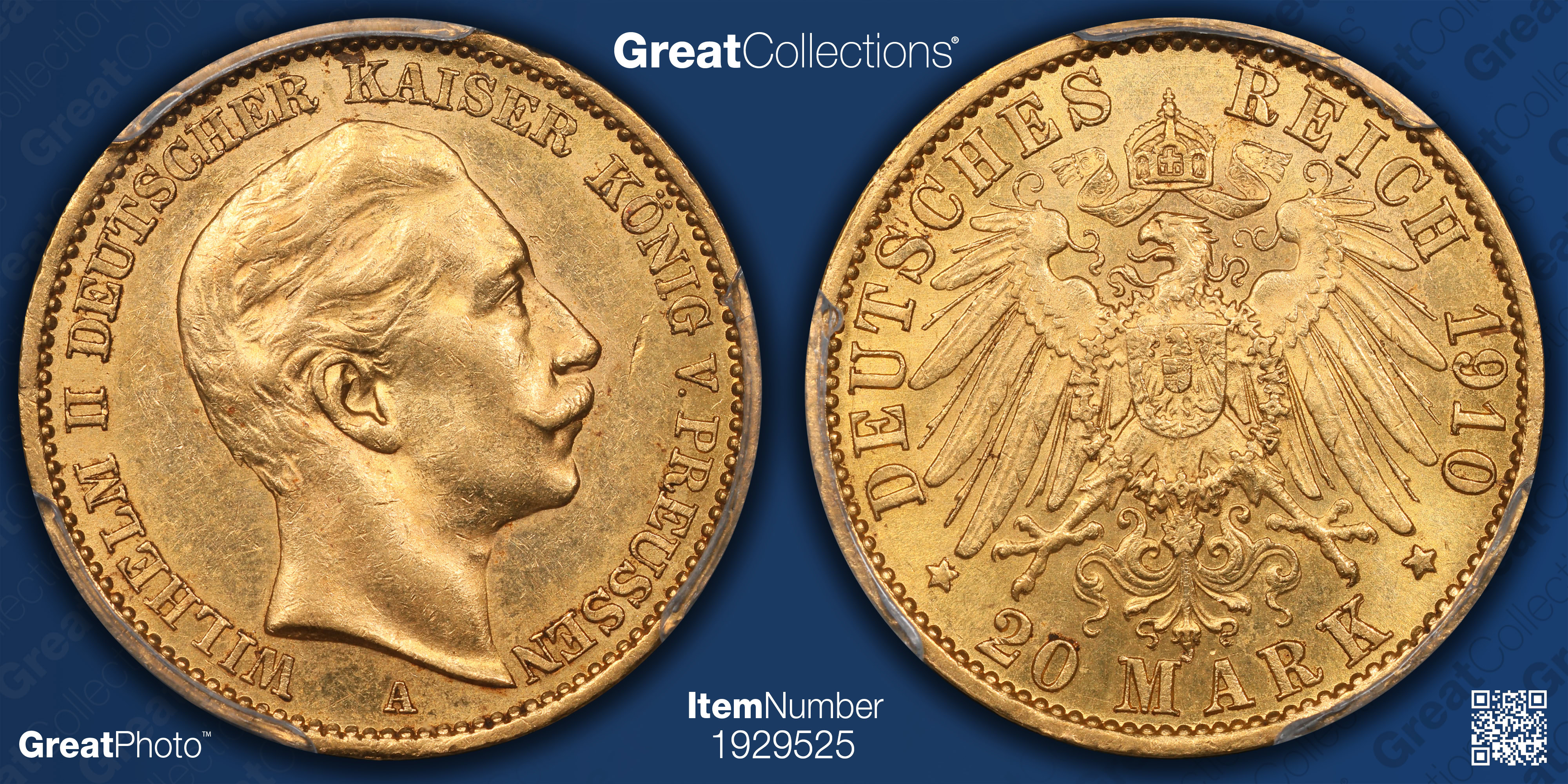 Germany - Prussia 1910-A Gold 20 Marks KM-521 PCGS MS-62 (AGW = 0.2305 ...