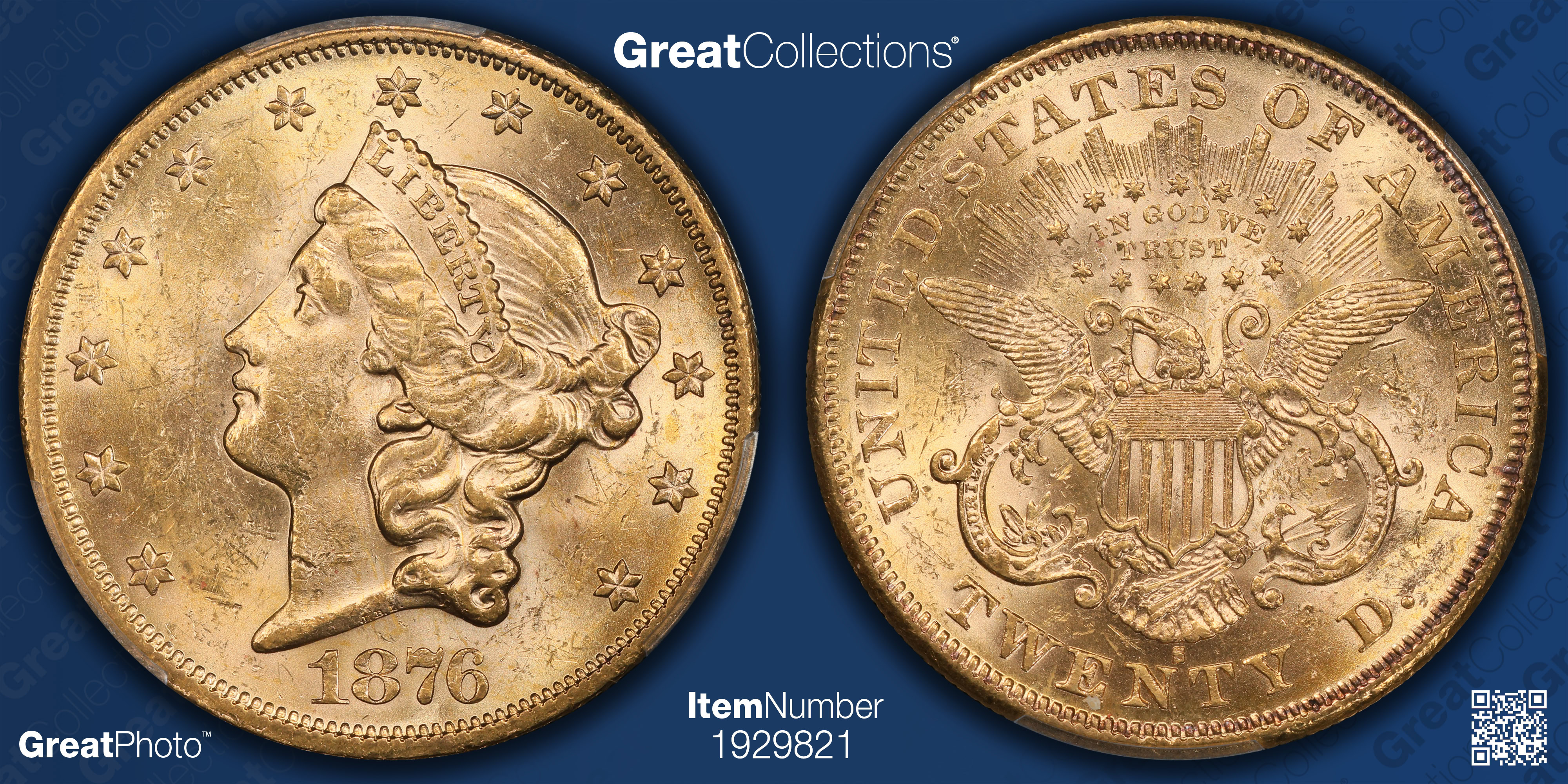 1876-S Liberty Gold Double Eagle PCGS MS-61 (Item 1929821) | GreatCollections Coin Auctions
