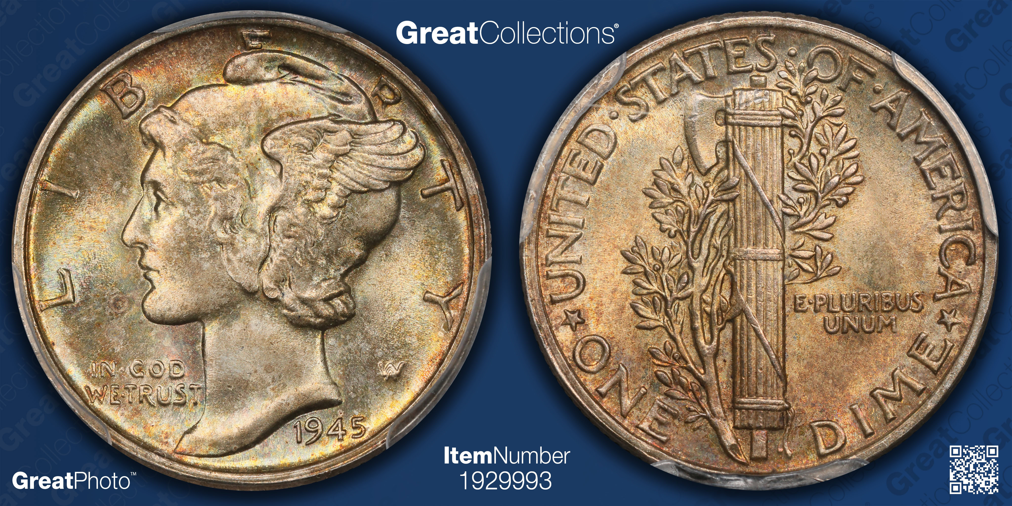 1945 Mercury Dime PCGS MS-66 (Toned) (Item 1929993) | GreatCollections ...