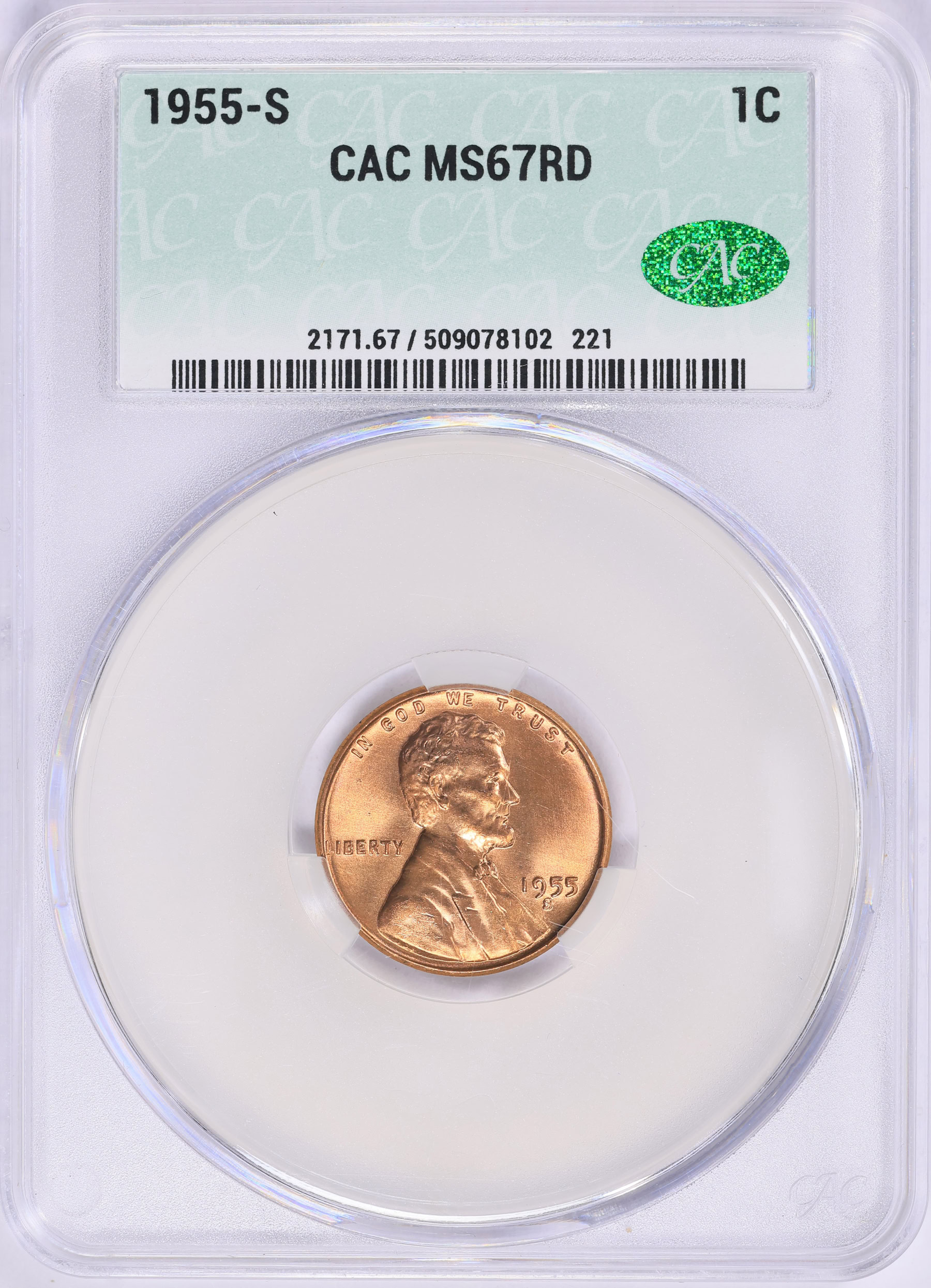 1955-S Lincoln Cent CACG MS-67 RD (Item 1930006) | GreatCollections Coin Auctions