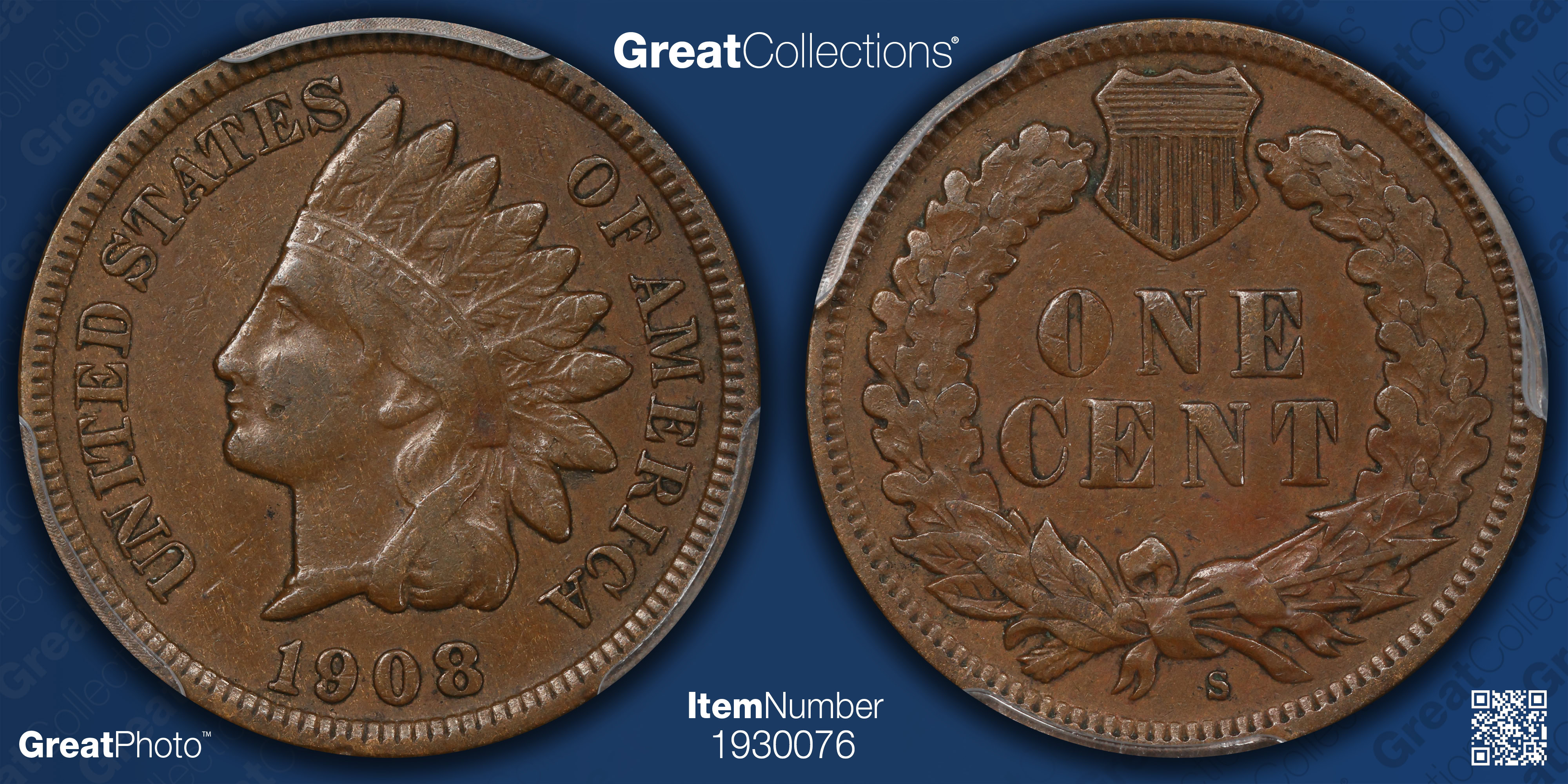 1908-S Indian Cent PCGS XF-40 BN (Item 1930076) | GreatCollections Coin ...