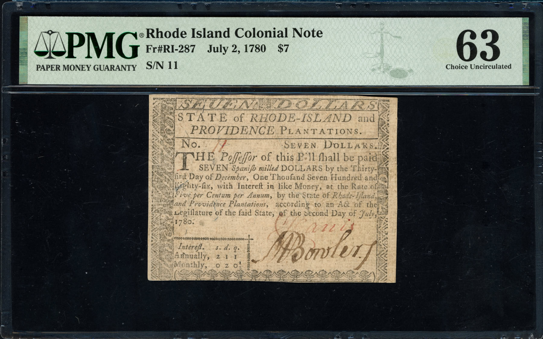 Fr. RI-287 July 2, 1780 $7 Rhode Island Colonial Note PMG Choice ...