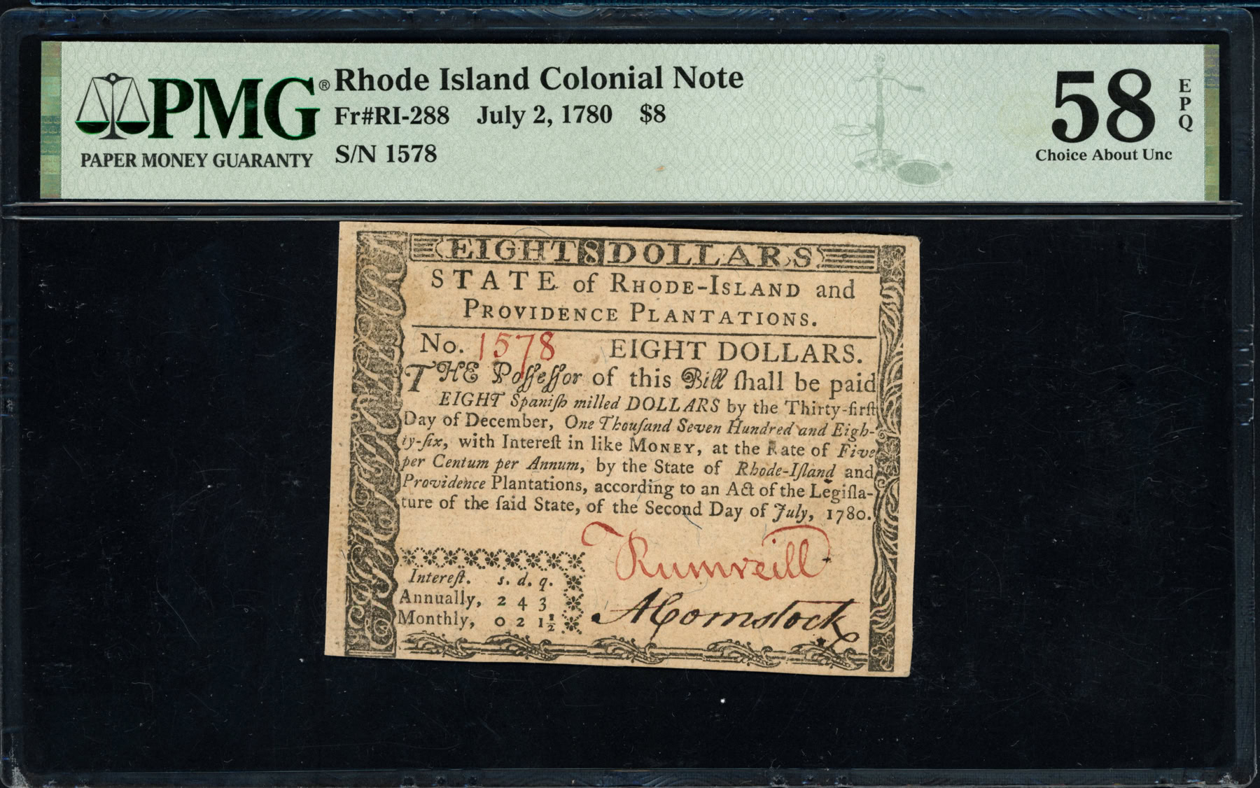 Fr. RI-288 July 2, 1780 $8 Rhode Island Colonial Note PMG Choice About ...
