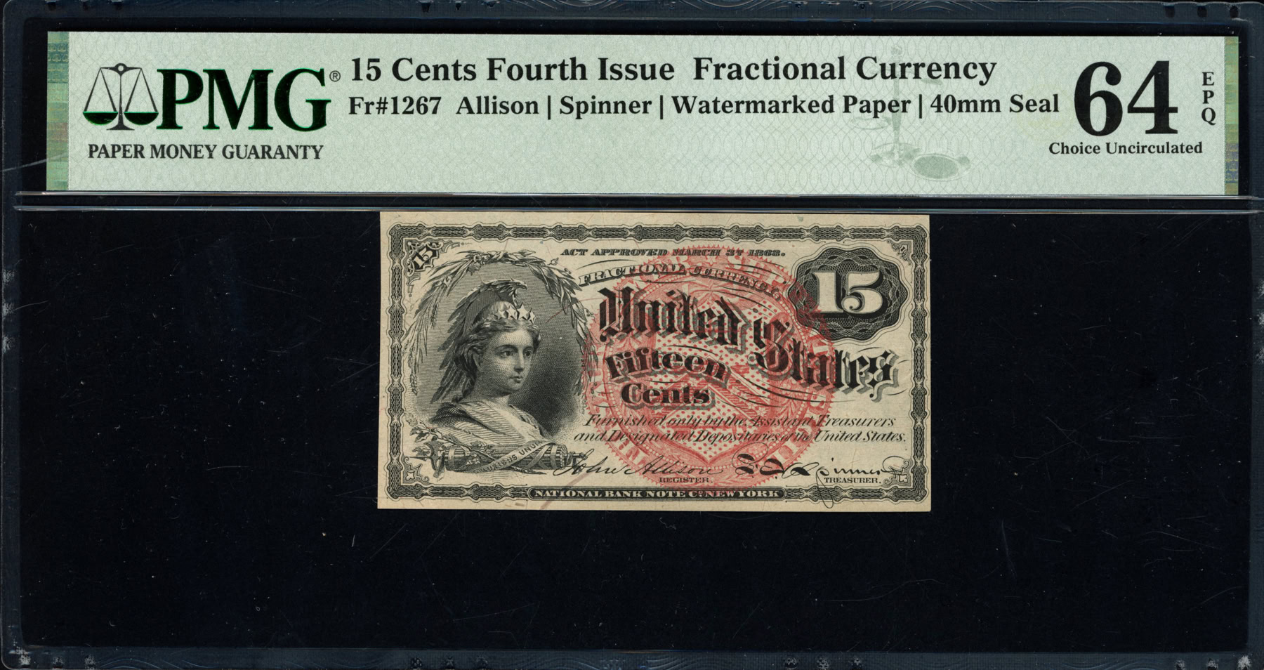 Fr. 1267 Fourth Issue 15 Cents Fractional Currency Note Allison ...