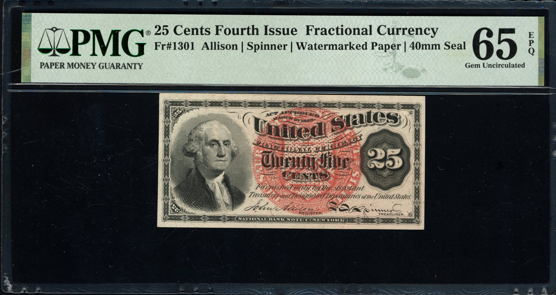 Fr. 1301 Fourth Issue 25 Cents Fractional Currency Note Allison / Spinner / Watermarked Paper ...