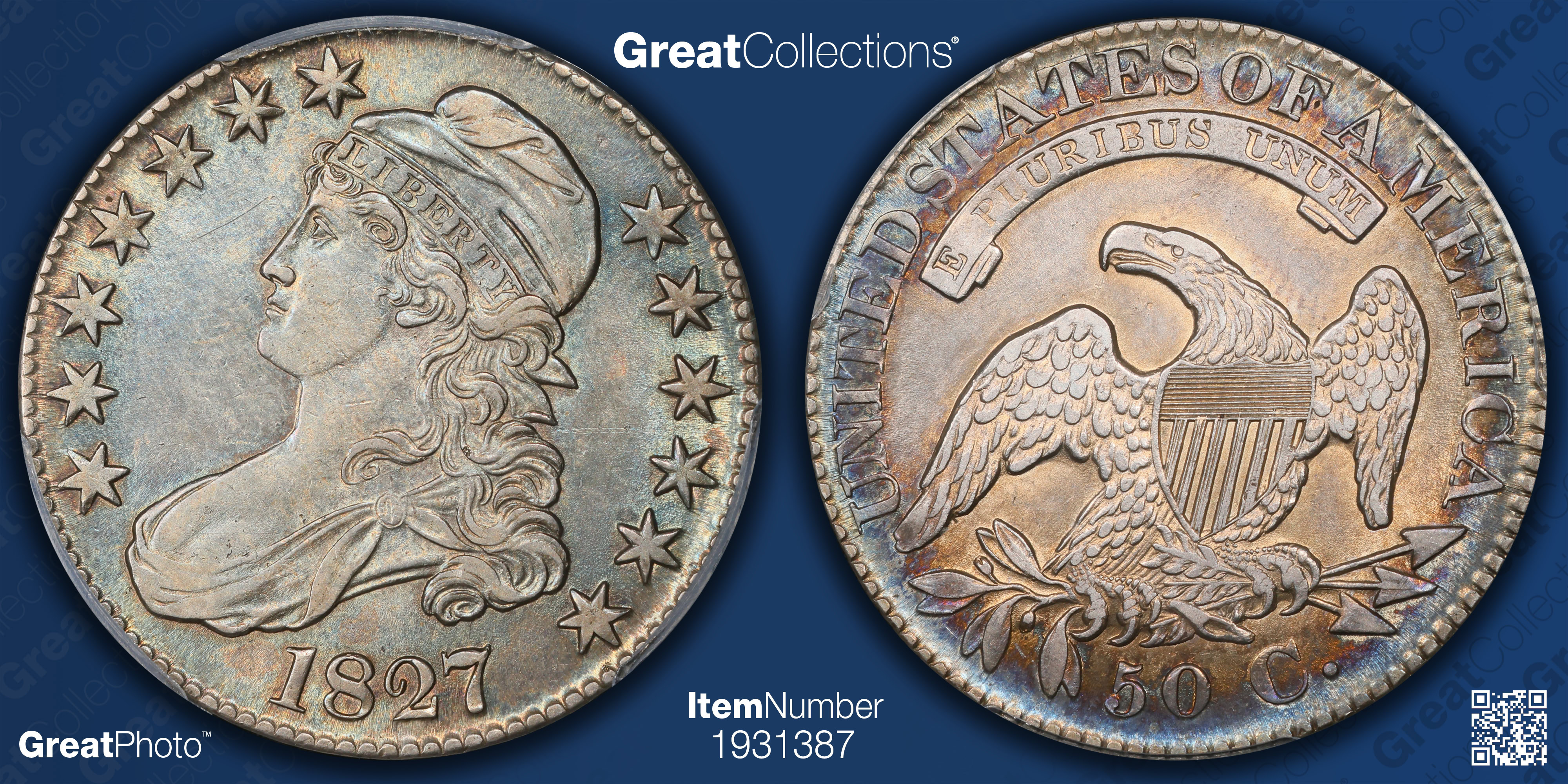 1827 Capped Bust Half Dollar Square Base 2 Overton 106 PCGS AU-55 ...