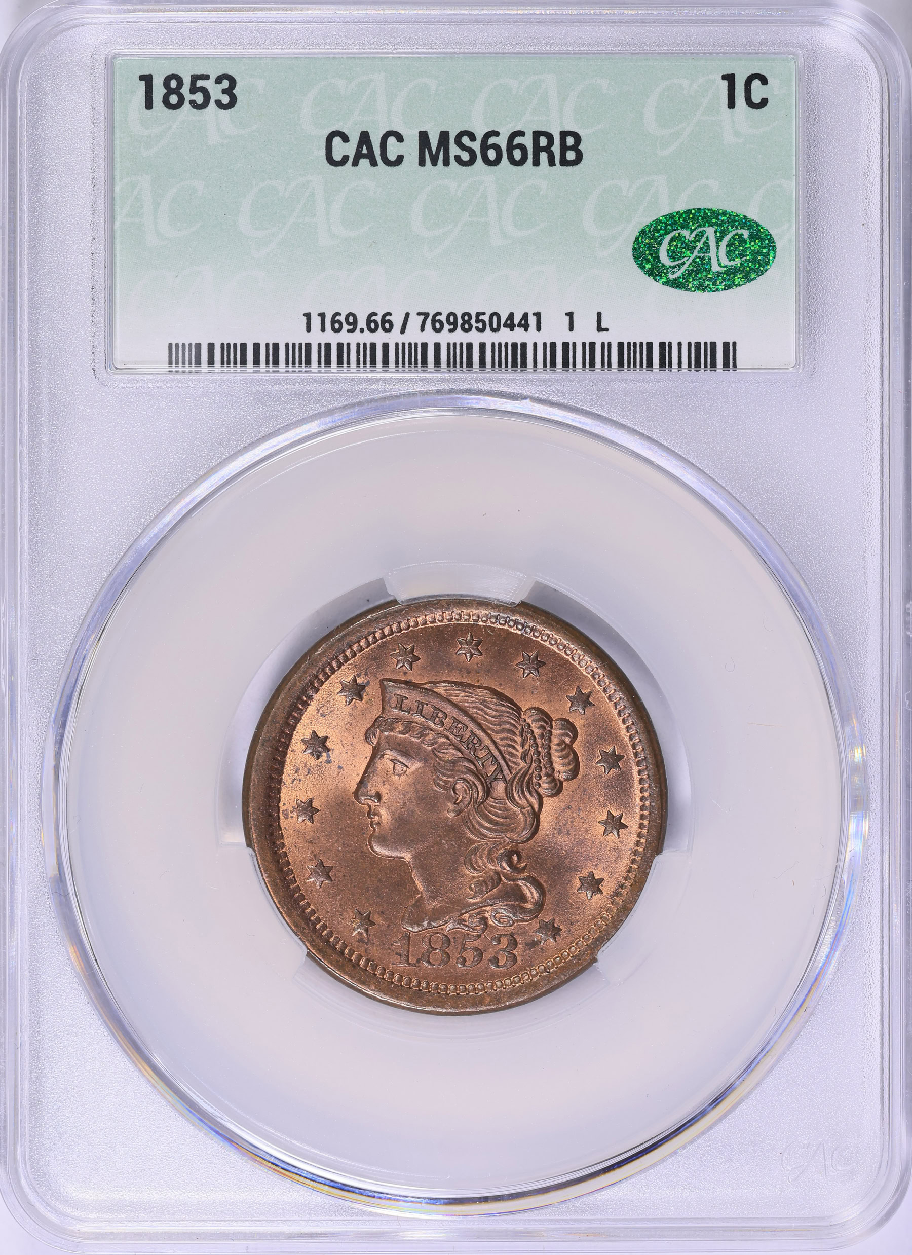 1853 Braided Hair Cent CACG MS-66 RB (Item 1931514) | GreatCollections ...
