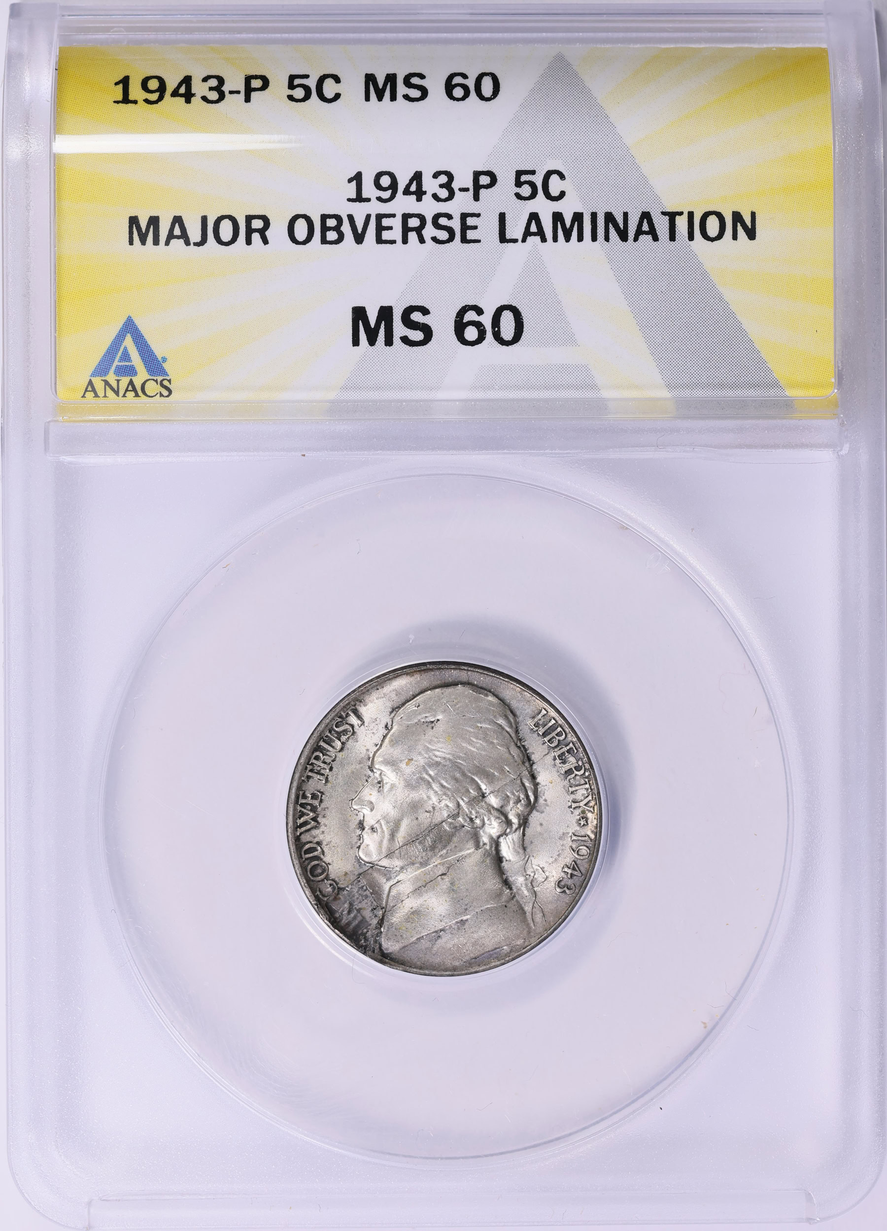 Mint Error 1943-P Jefferson Nickel Major Obverse Lamination ANACS MS-60 ...