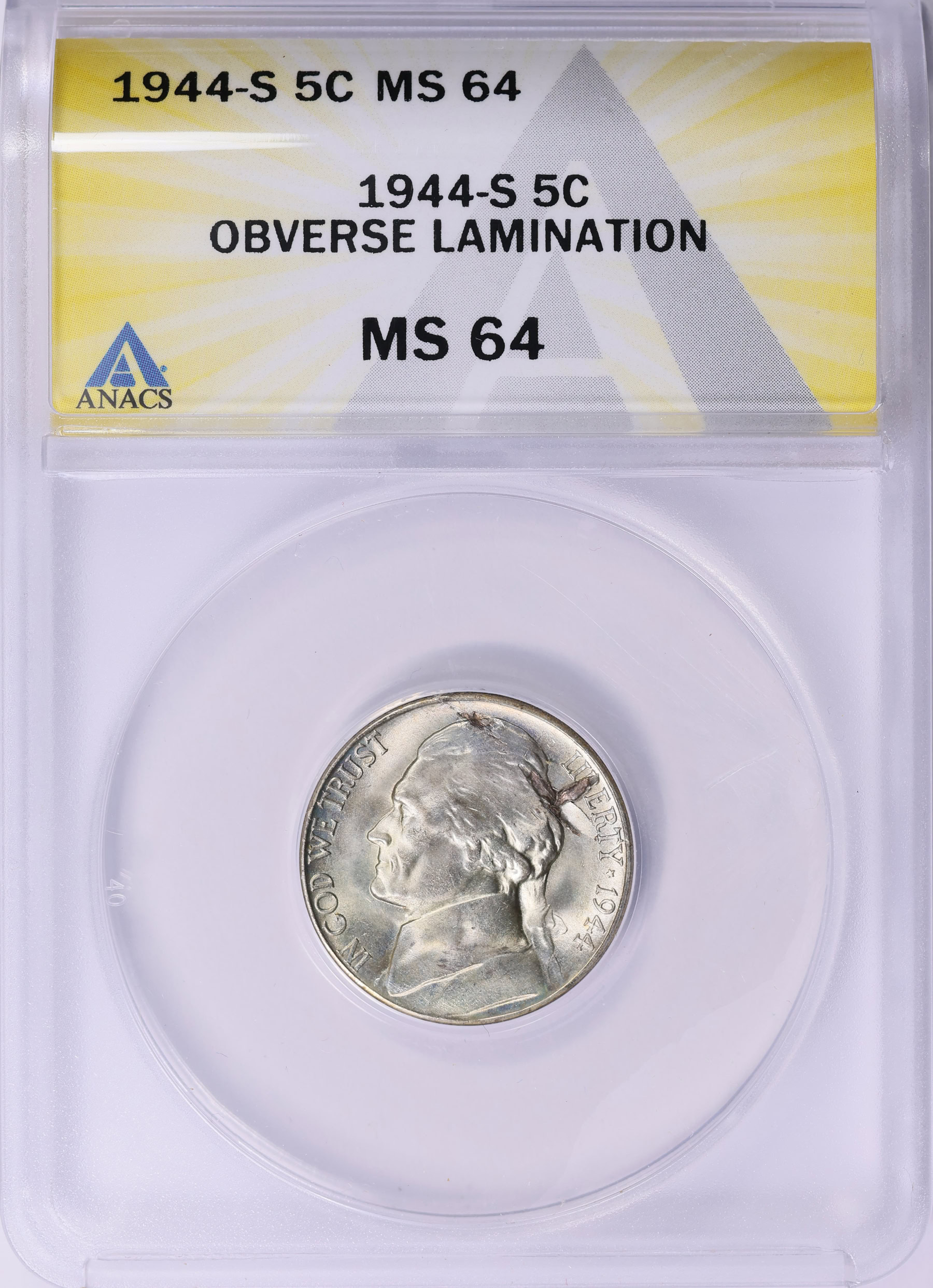 Mint Error 1944-S Jefferson Nickel Obverse Lamination ANACS MS-64 ...