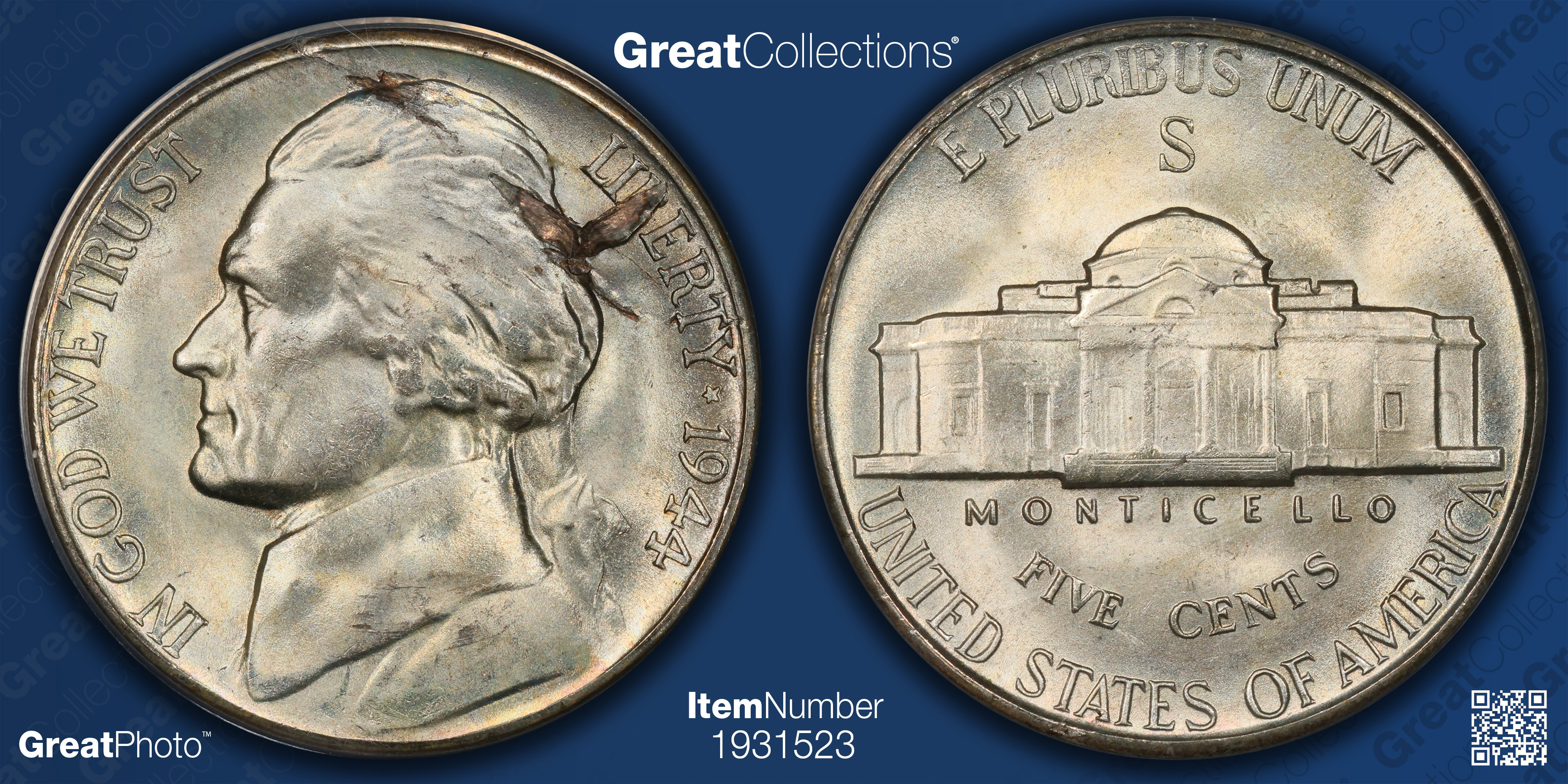 Mint Error 1944-S Jefferson Nickel Obverse Lamination ANACS MS-64 ...