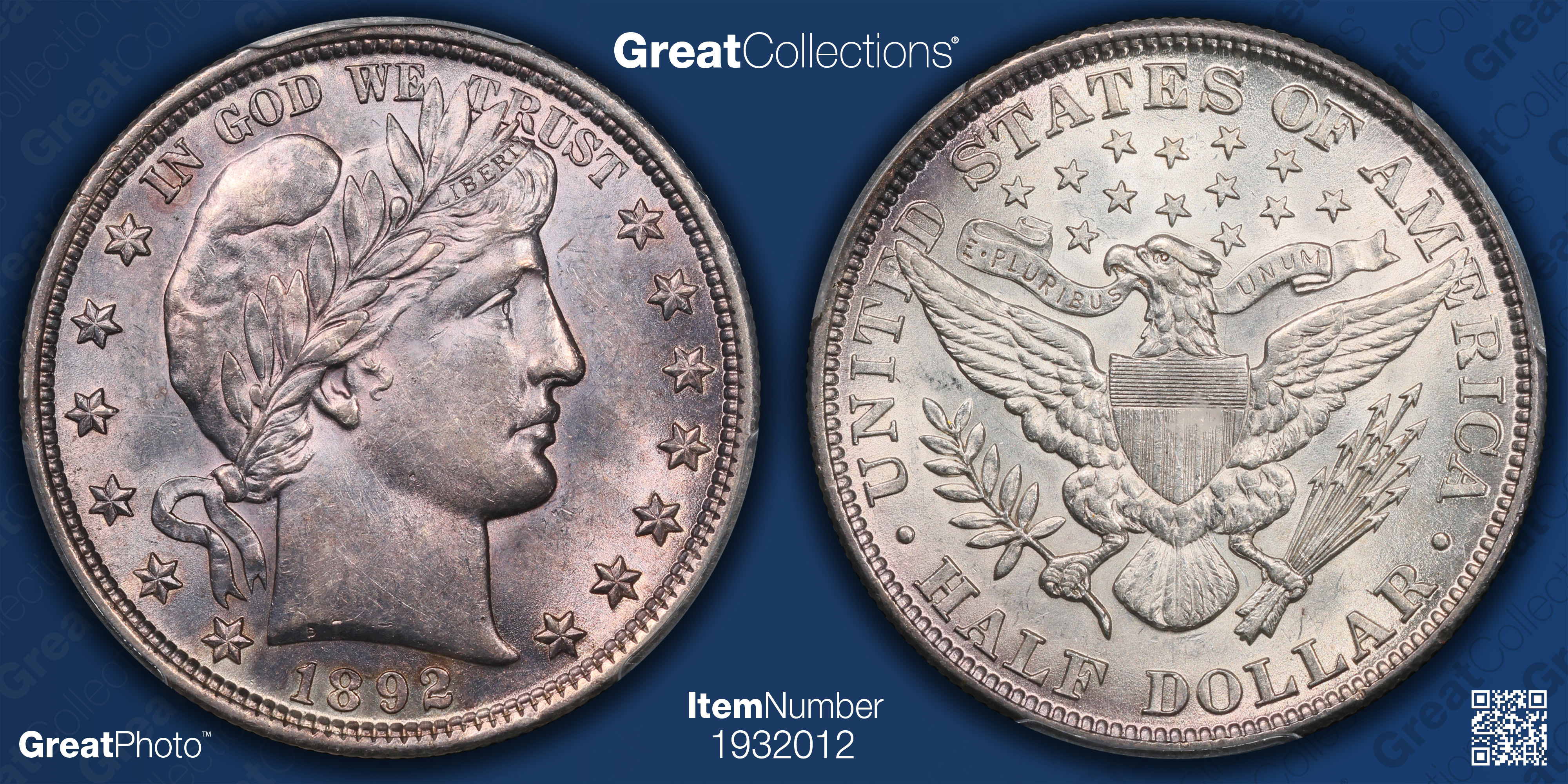 1892 Barber Half Dollar PCGS AU-58 (Toned) (Item 1932012 ...
