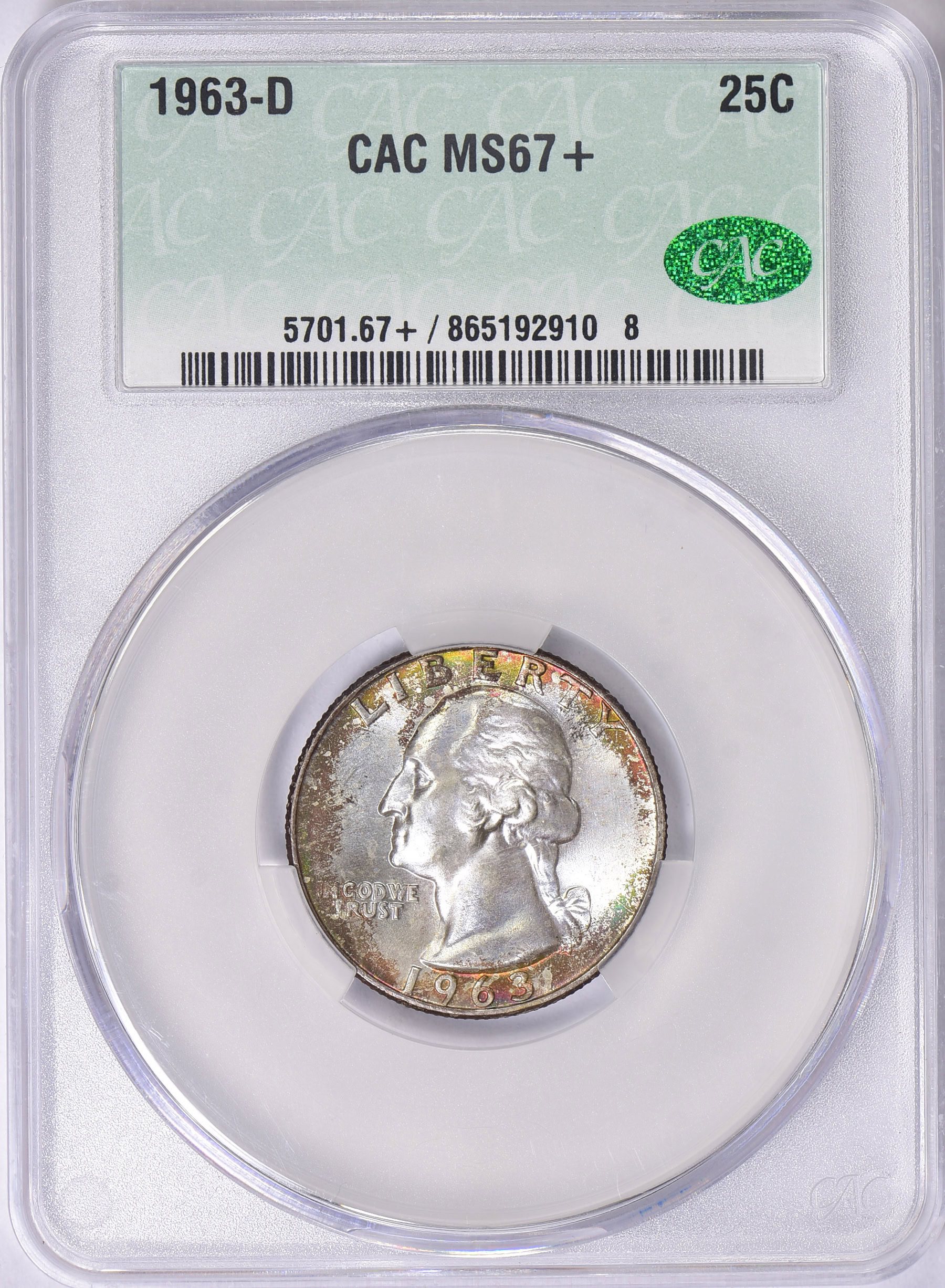 1963-D Washington Quarter CACG MS-67+ (Toned) (Item 1932014) | GreatCollections Coin Auctions