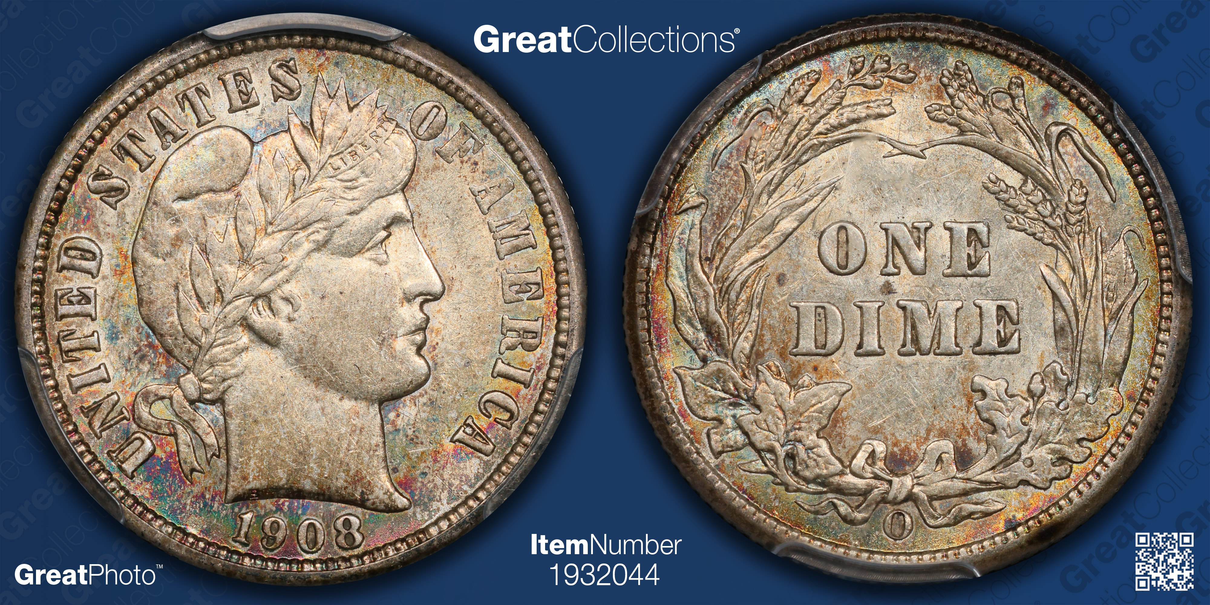 1908-O Barber Dime PCGS AU-55 (Toned) (Item 1932044) | GreatCollections ...