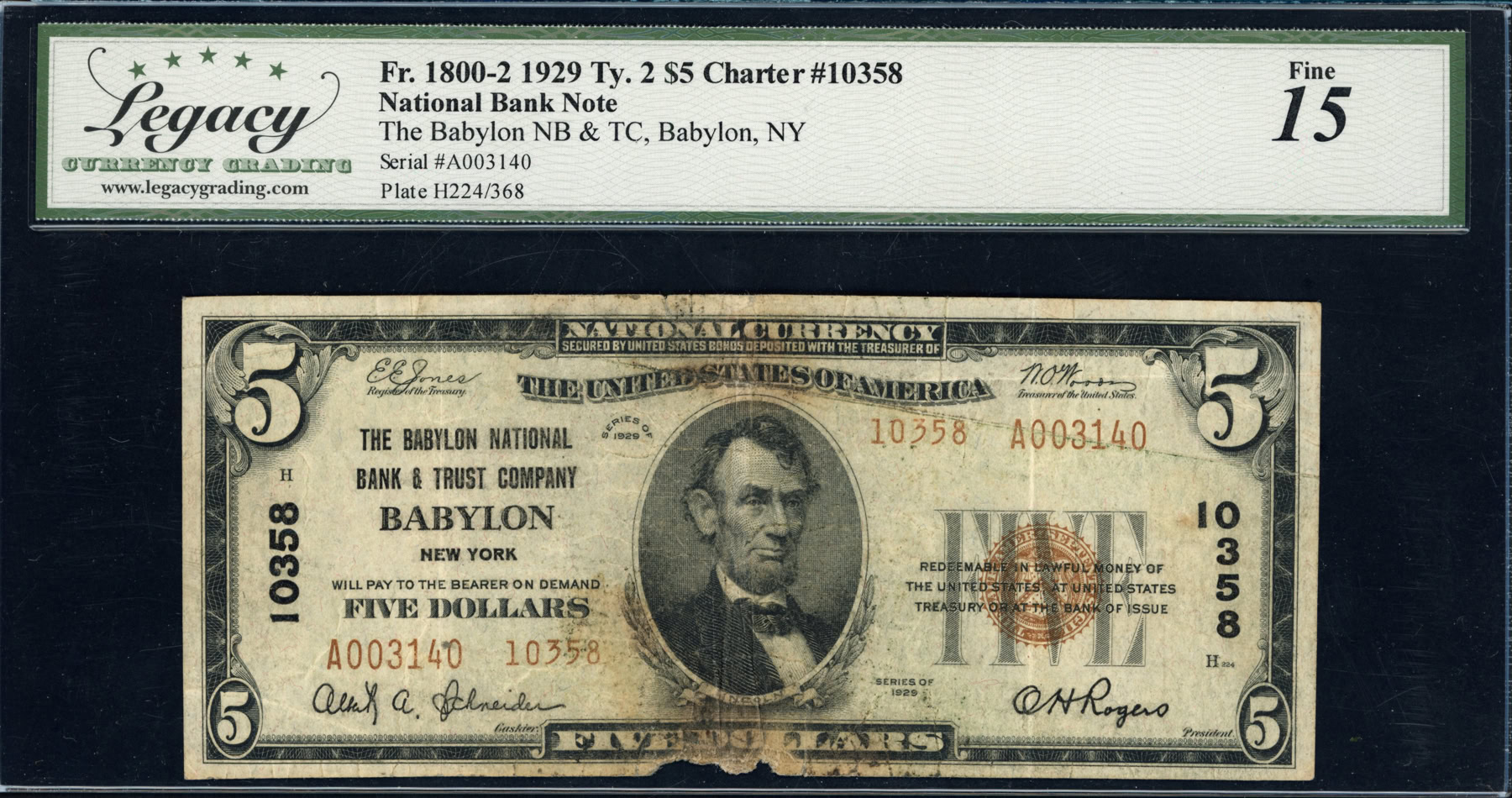 Fr. 1800-2 Babylon, New York 1929 Type 2 $5 Note The Babylon National ...