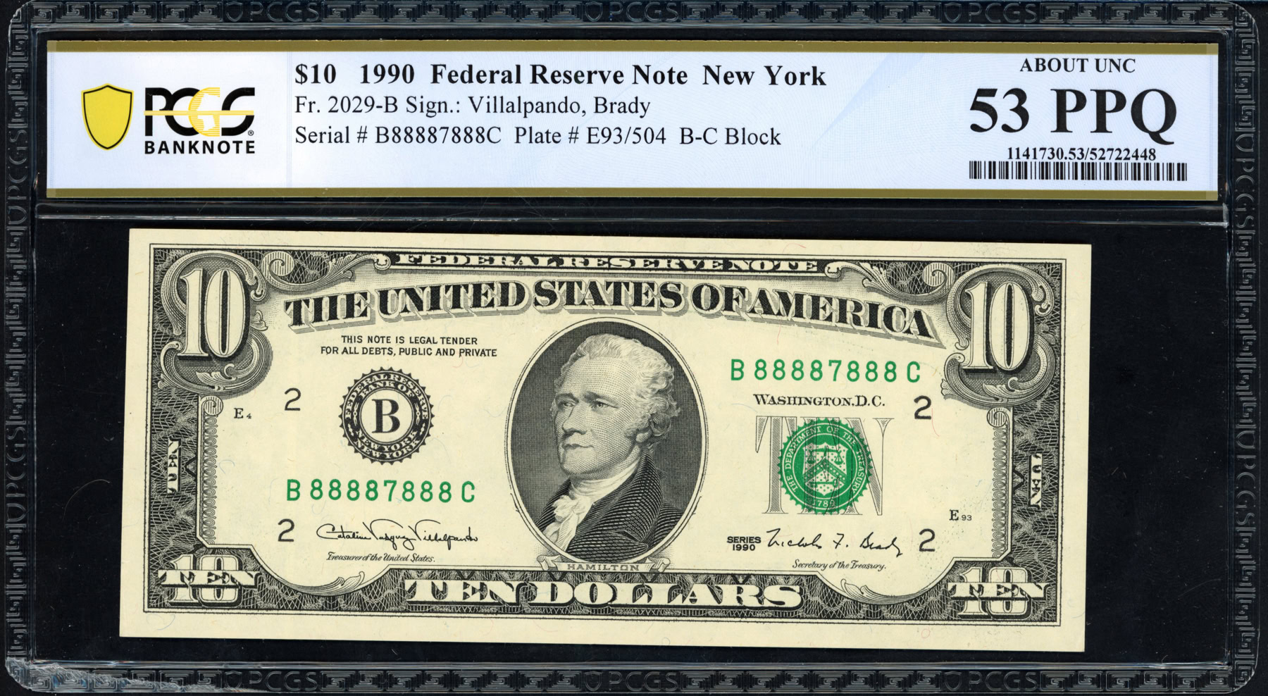 Fr. 2029-B (BC Block) 1990 $10 New York Federal Reserve Note *Seven of ...