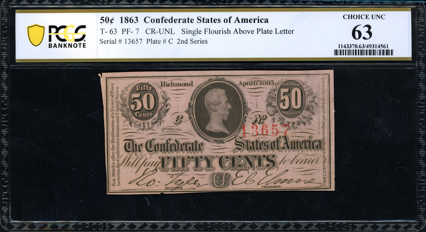 T-63 Confederate States of America 1863 50 Cents Note PCGS Banknote ...