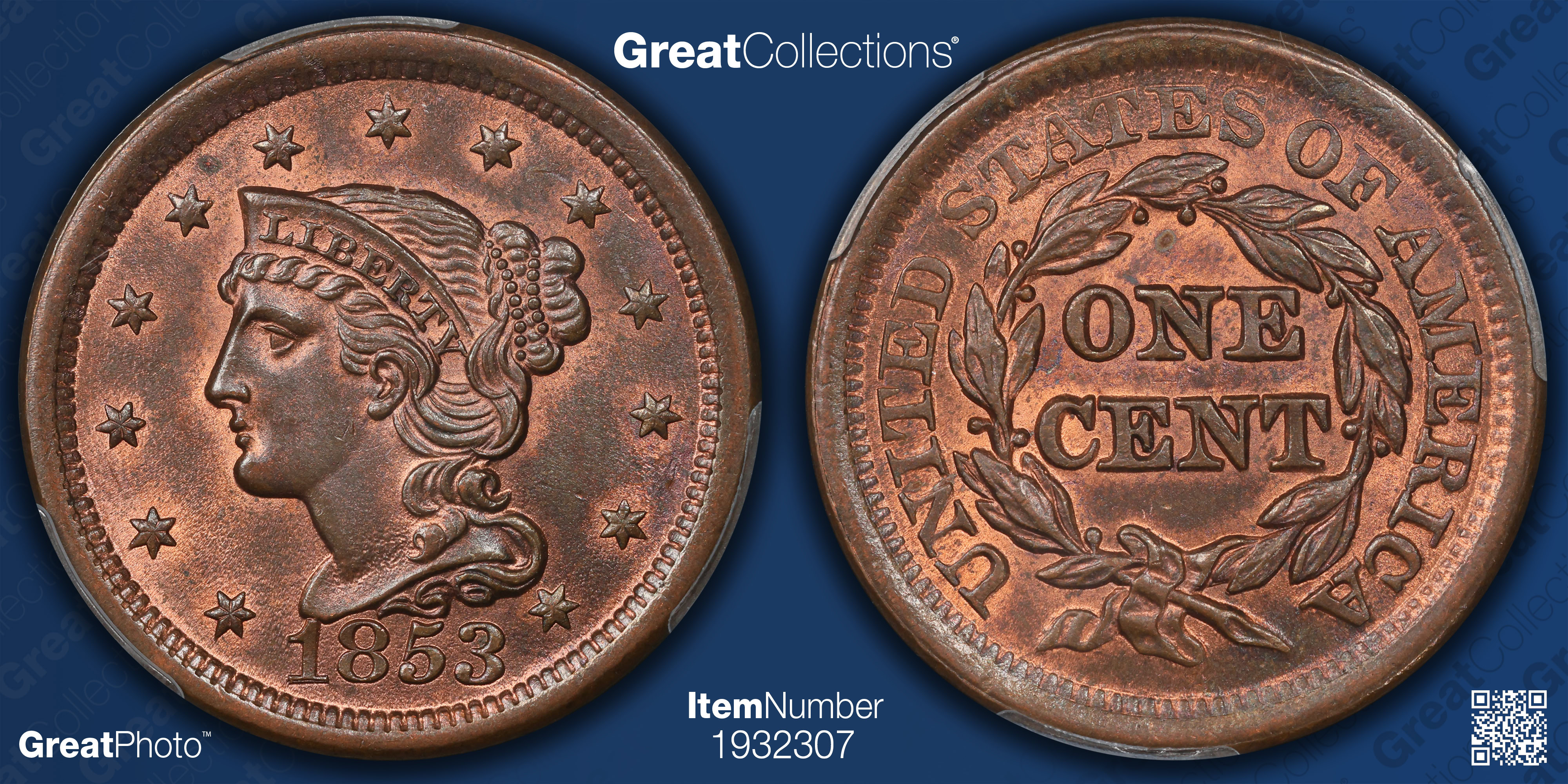1853 Braided Hair Cent PCGS MS-65 RB (CAC Green) (Item 1932307 ...