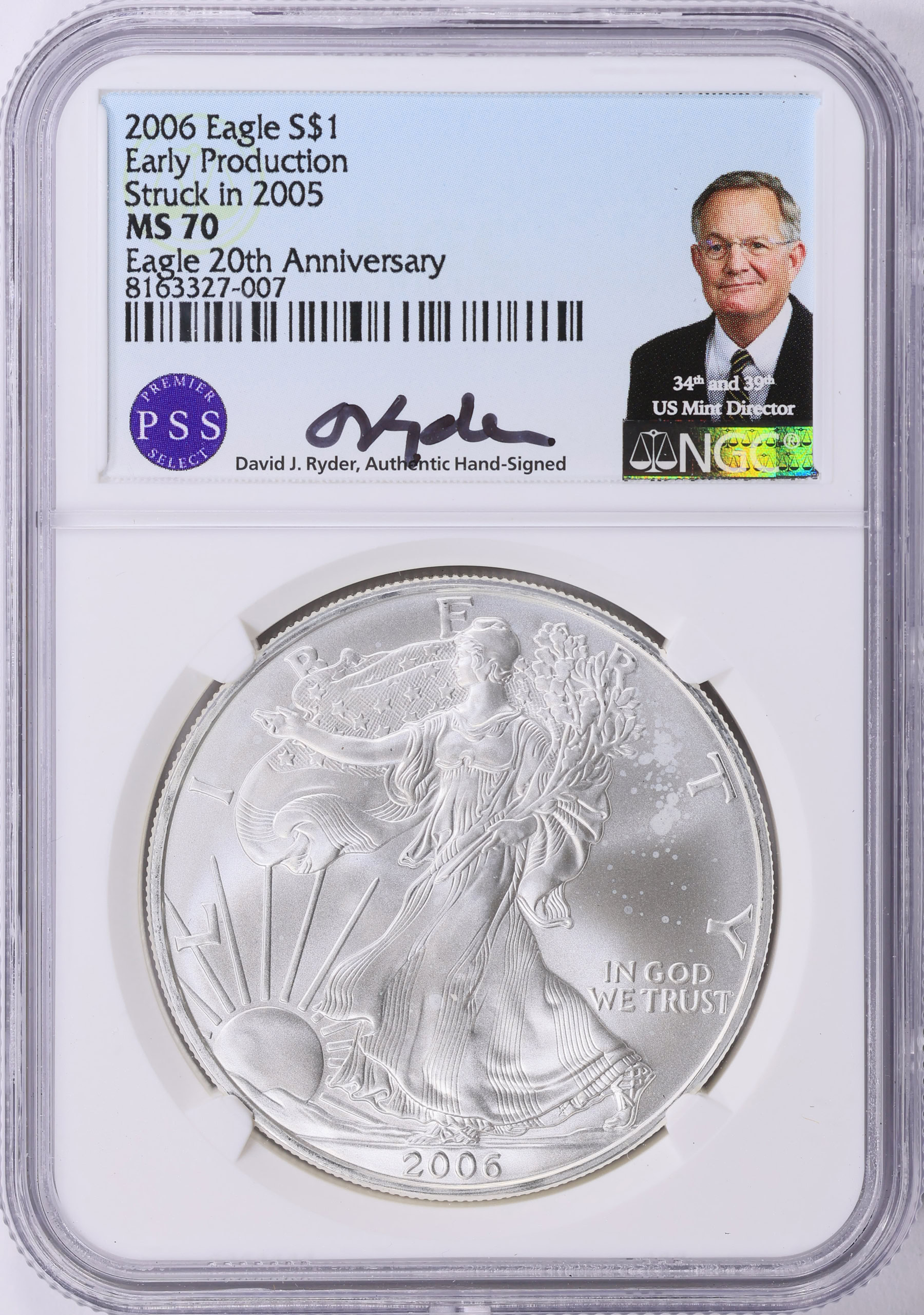 2006 $1 Silver Eagle Early Production Struck in 2005 NGC MS-70 (David J ...