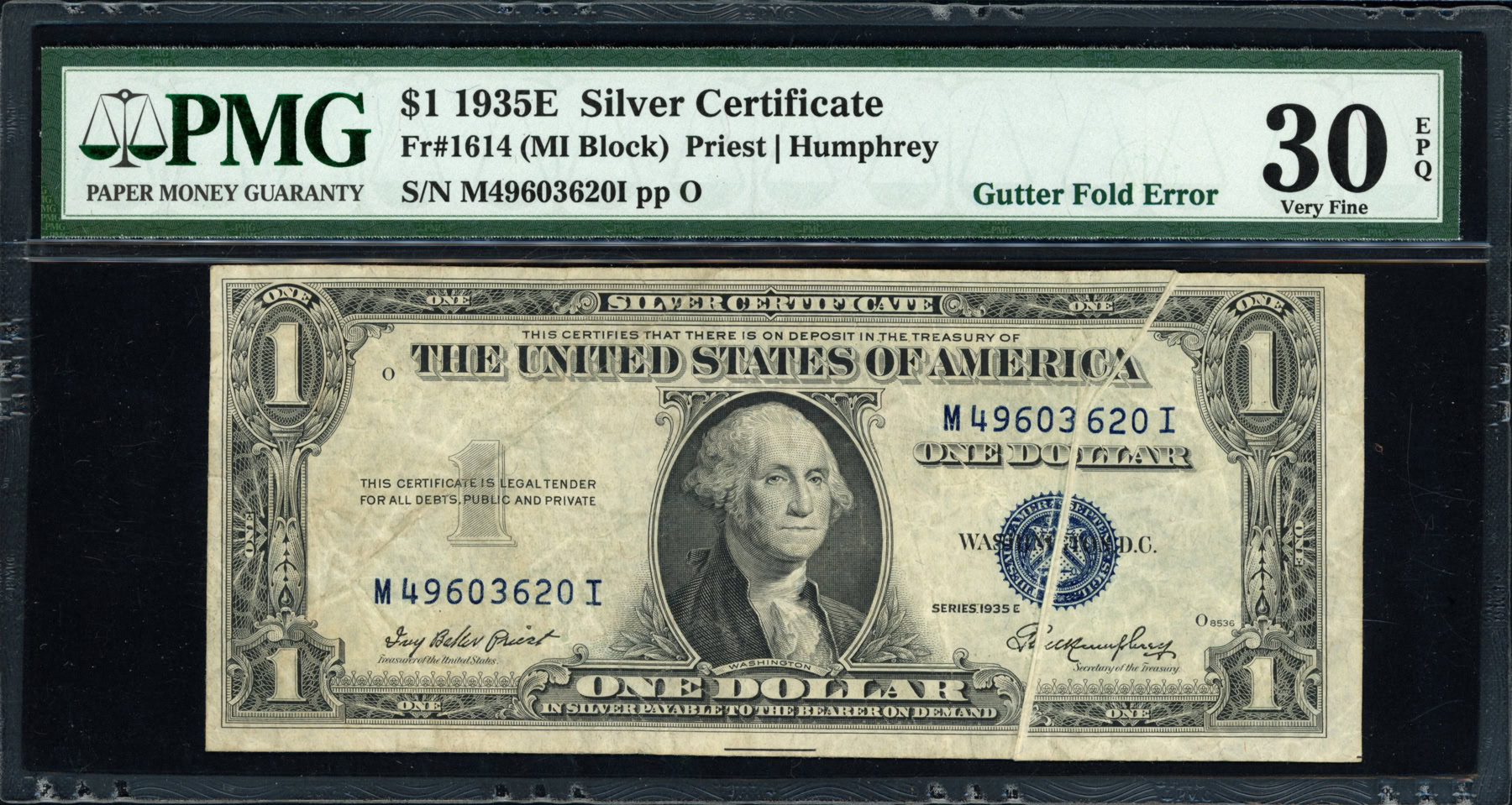 Fr. 1614 (MI Block) 1935E $1 Silver Certificate Error Note *Gutter Fold ...
