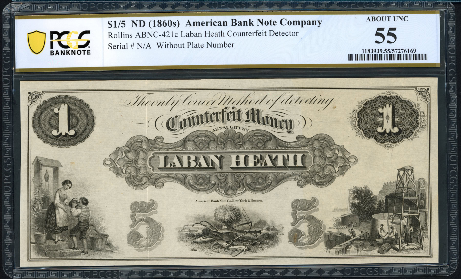 1860s American Bank Note Company $1/5 Laban Heath Counterfeit Detector ...
