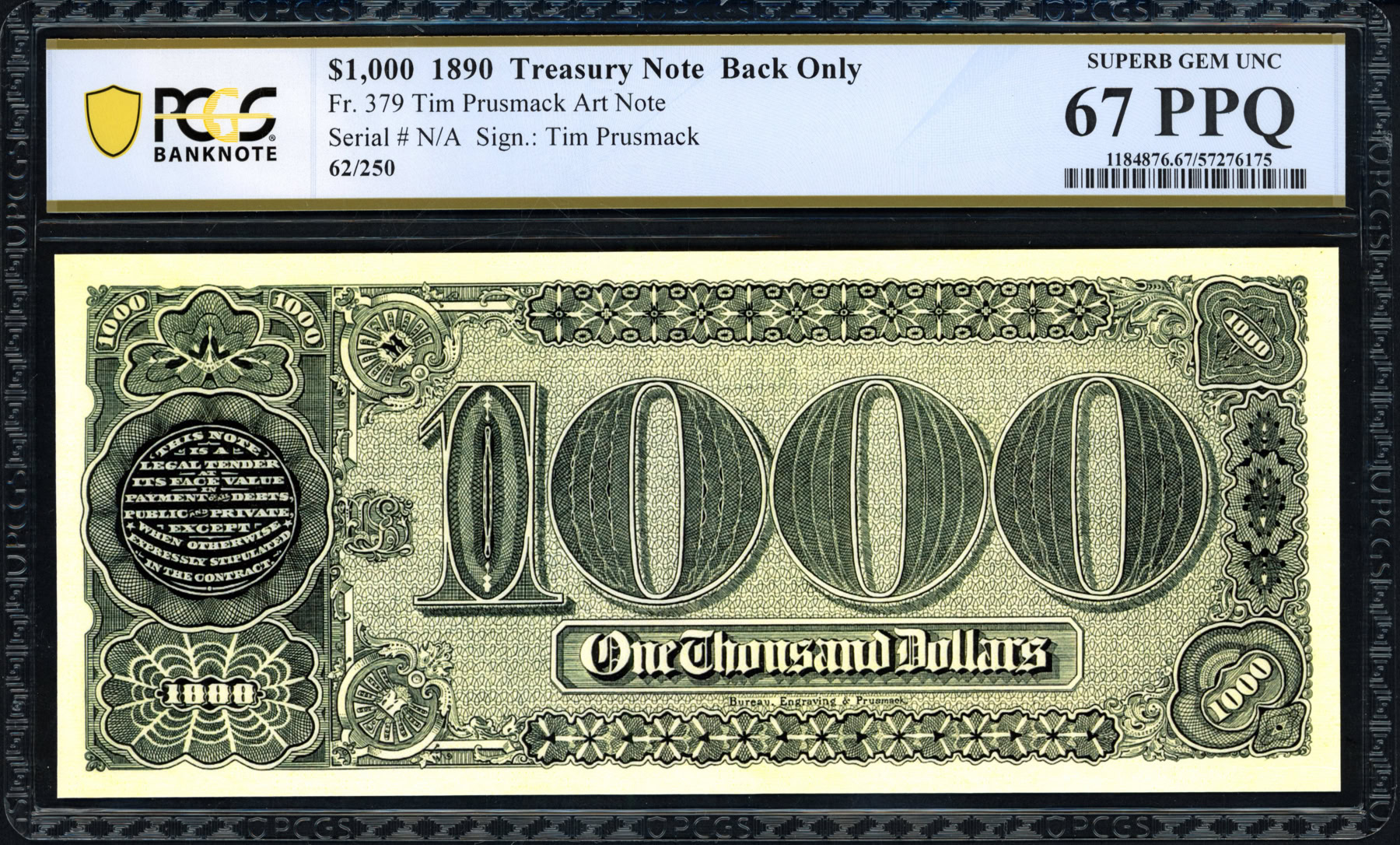 Fr. 379a 1890 $1,000 Treasury Note Back Only Tim Prusmack Art Note PCGS ...