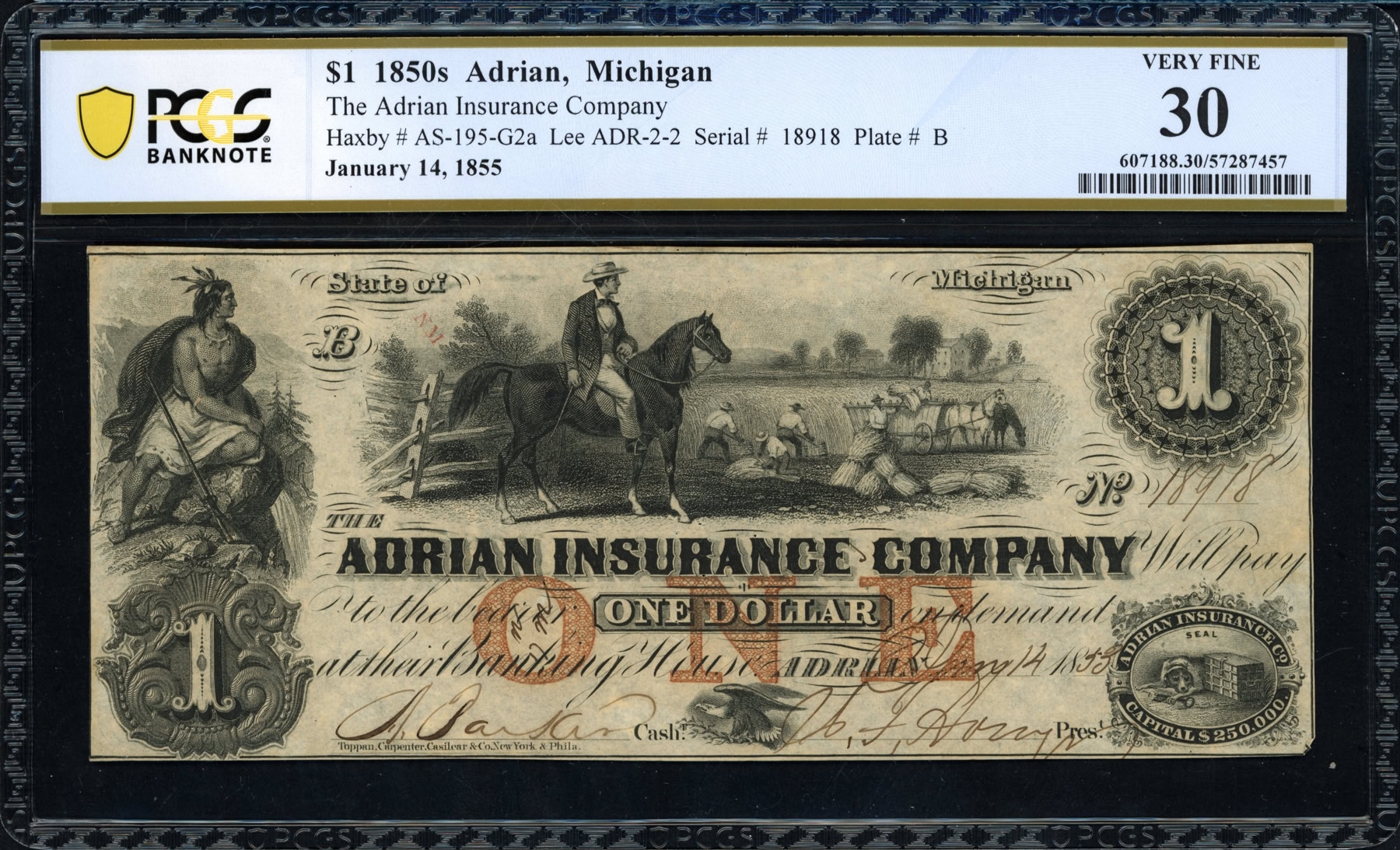 Jan. 14, 1855 Adrian, Michigan Adrian Insurance Company $1 Note PCGS ...
