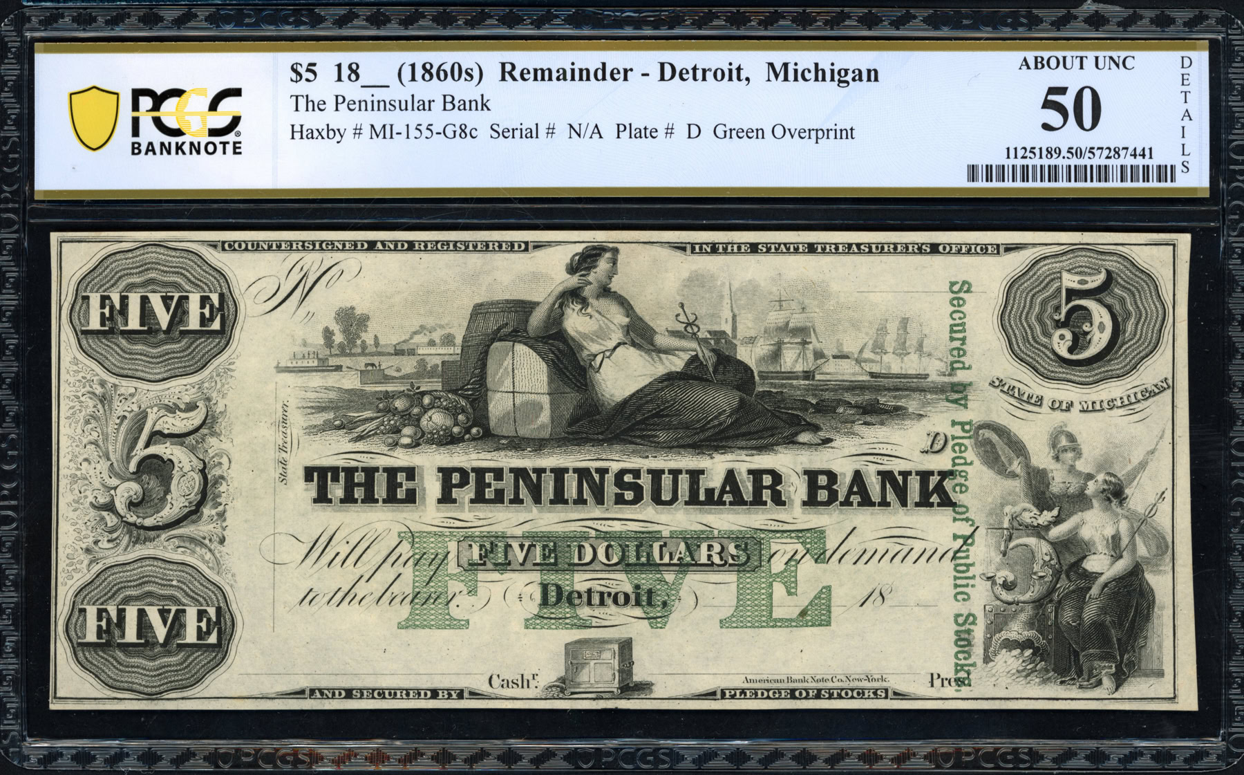 1860s Detroit, Michigan Peninsular Bank $5 Remainder Note PCGS Banknote ...