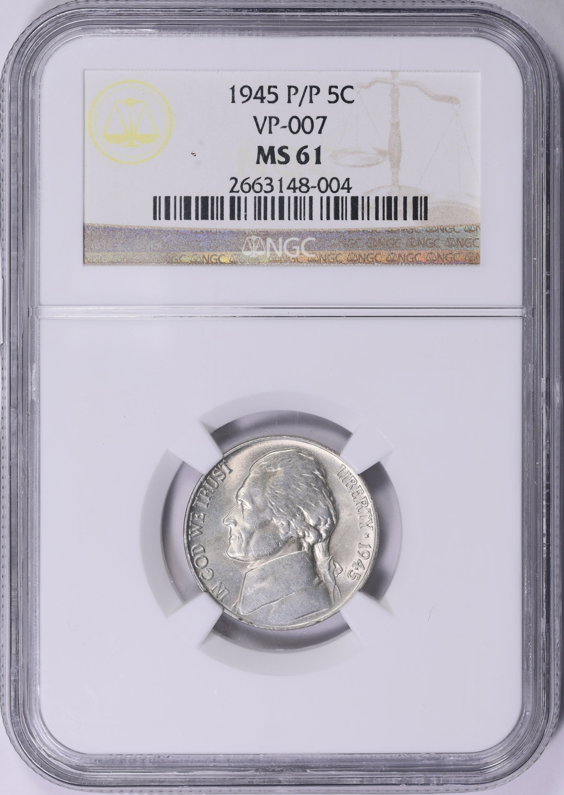 1945-P/P Jefferson Nickel VP-007 NGC MS-61 | NGC Cert #2663148-004 ...