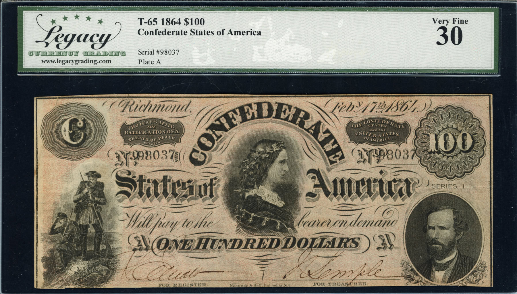 T-65 1864 Confederate States of America $100 Note Legacy Very Fine 30 ...