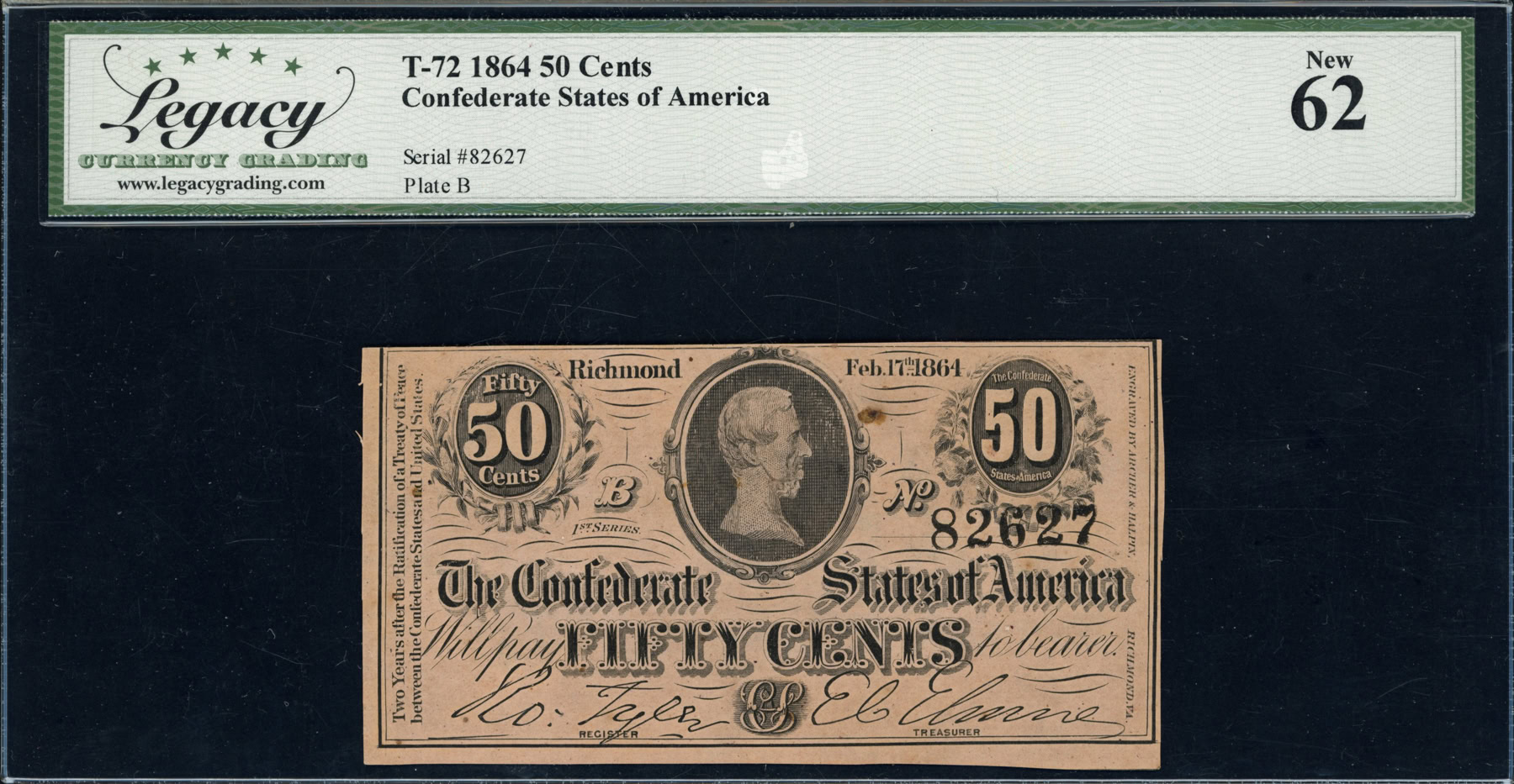 T-72 1864 Confederate States of America 50 Cents Note Legacy New 62 ...