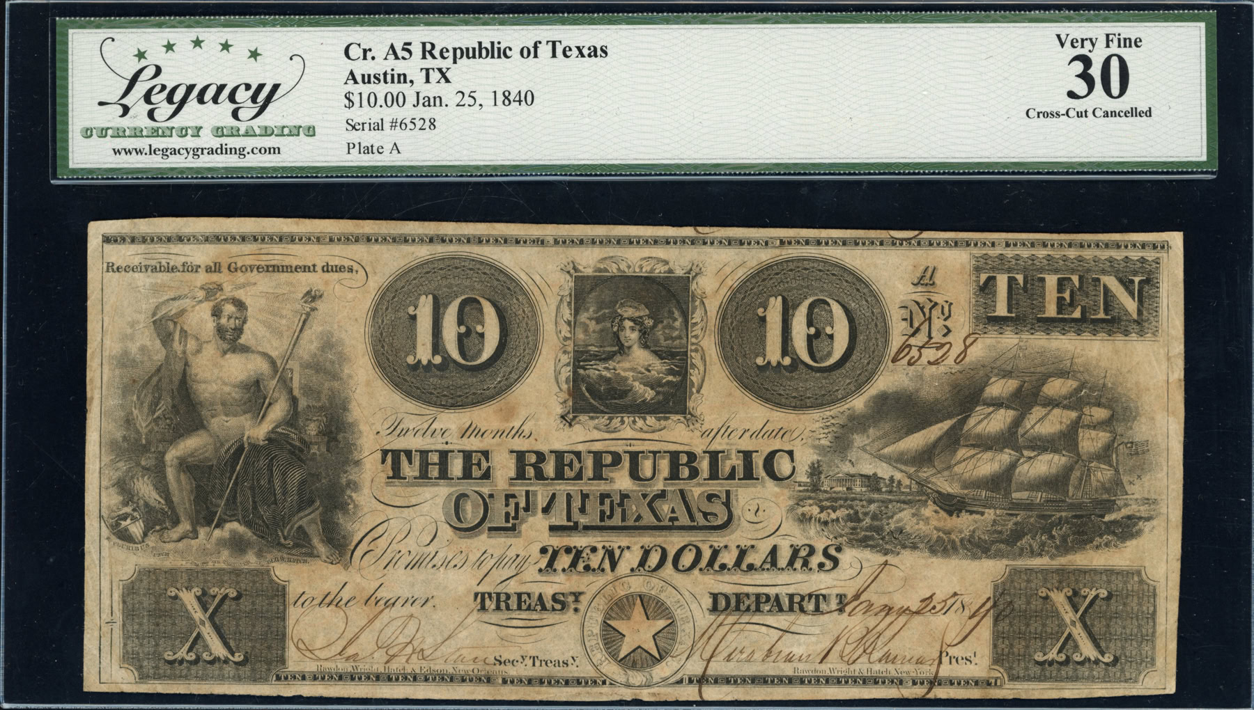 Jan. 25, 1840 Austin, Texas Republic of Texas $10 Note Legacy Very Fine ...
