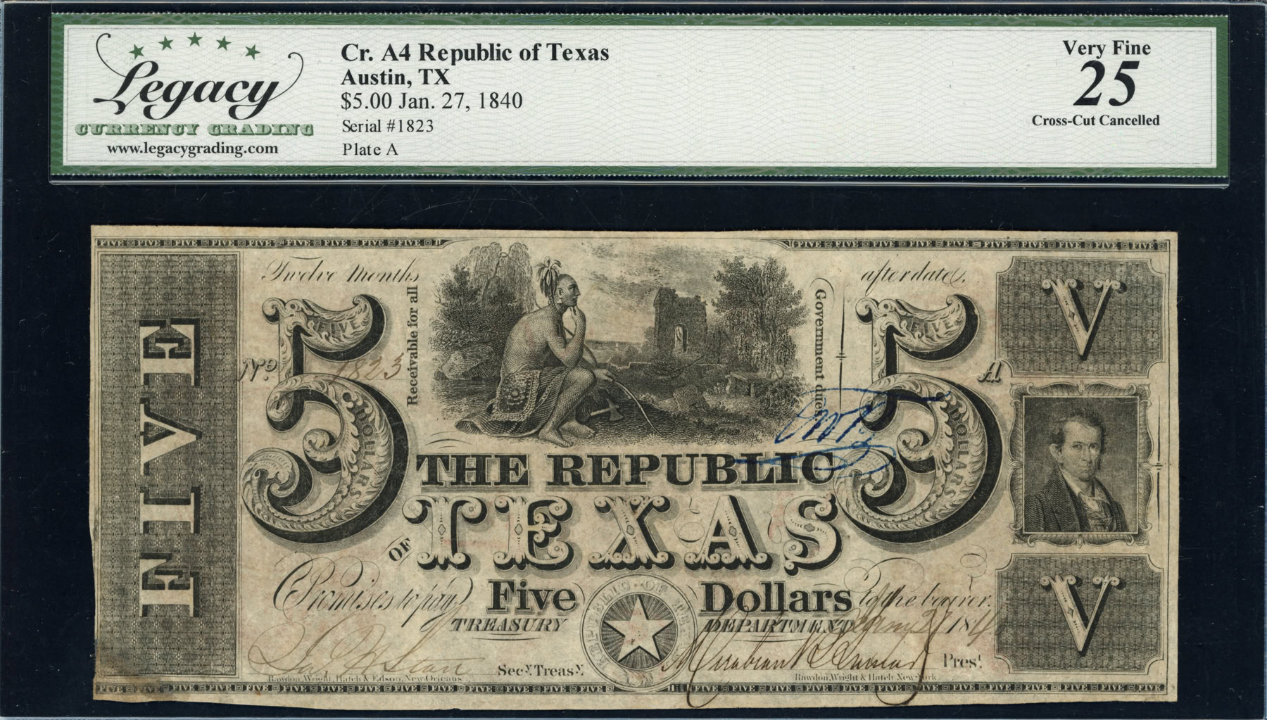 Jan. 27, 1840 Austin, Texas Republic of Texas $5 Note Legacy Very Fine ...
