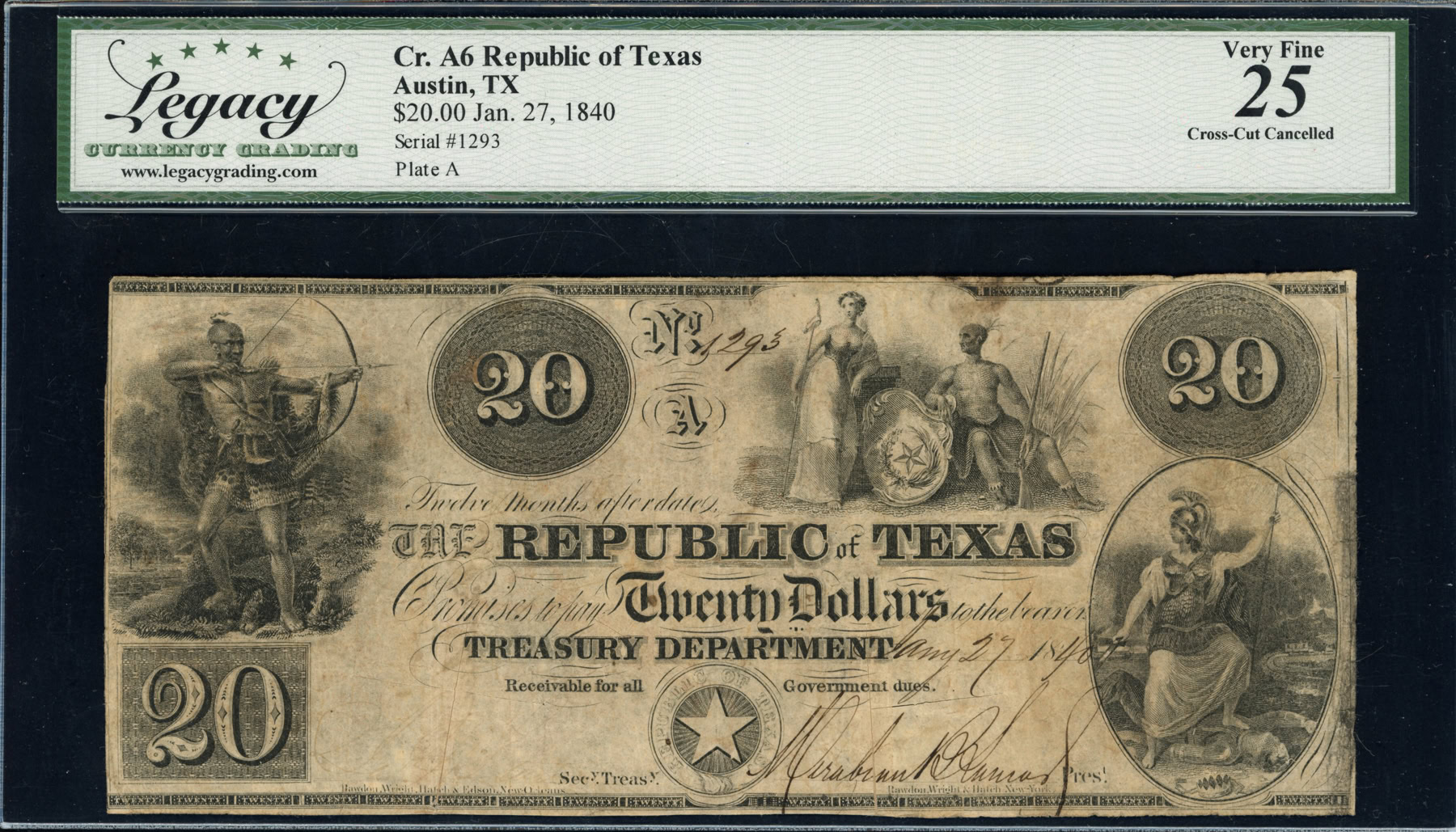 Jan. 27, 1840 Austin, Texas Republic of Texas Note Legacy Very Fine 25 ...