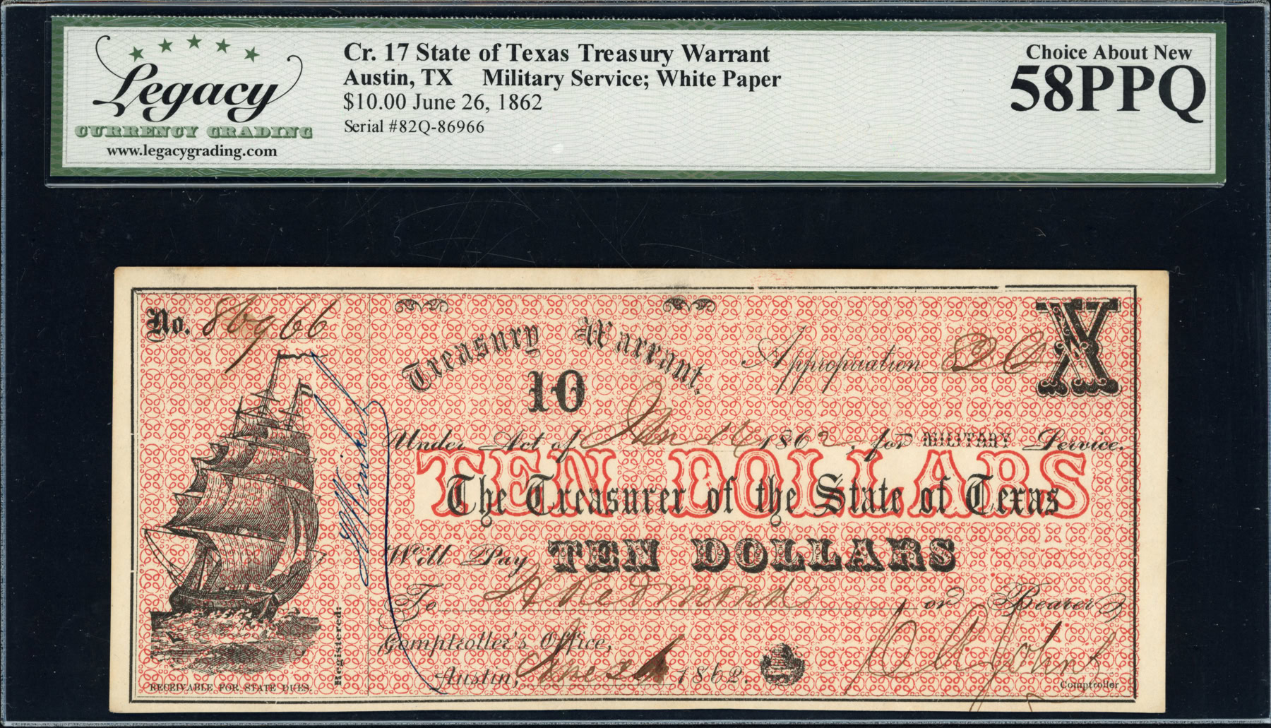 Jun. 26, 1862 Austin, Texas Military Service $10 Treasury Warrant Note ...