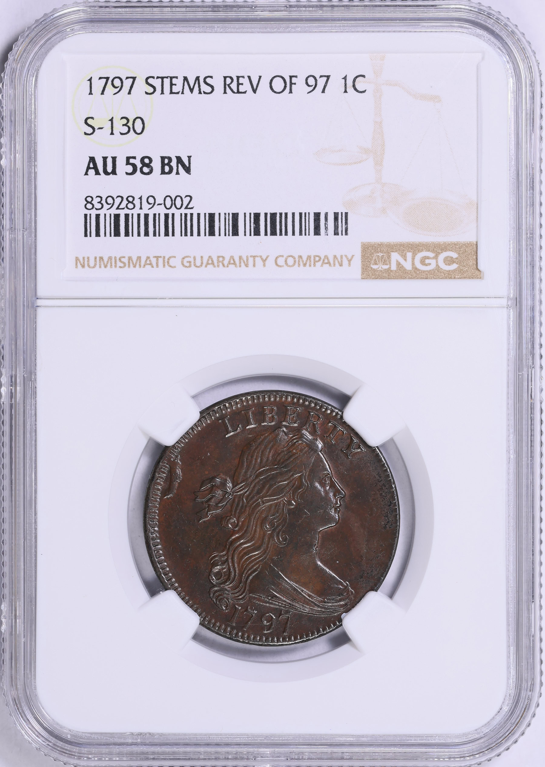 1797 Draped Bust Cent Reverse of '97, Stems Sheldon 130 NGC AU-58 BN ...
